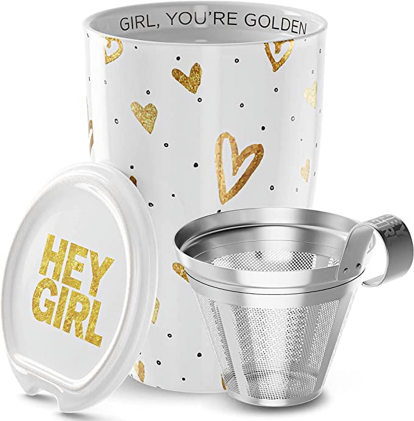 Hey Girl Tea Cup with Infuser and Lid, Double-Walled Ceramic Insulated ...