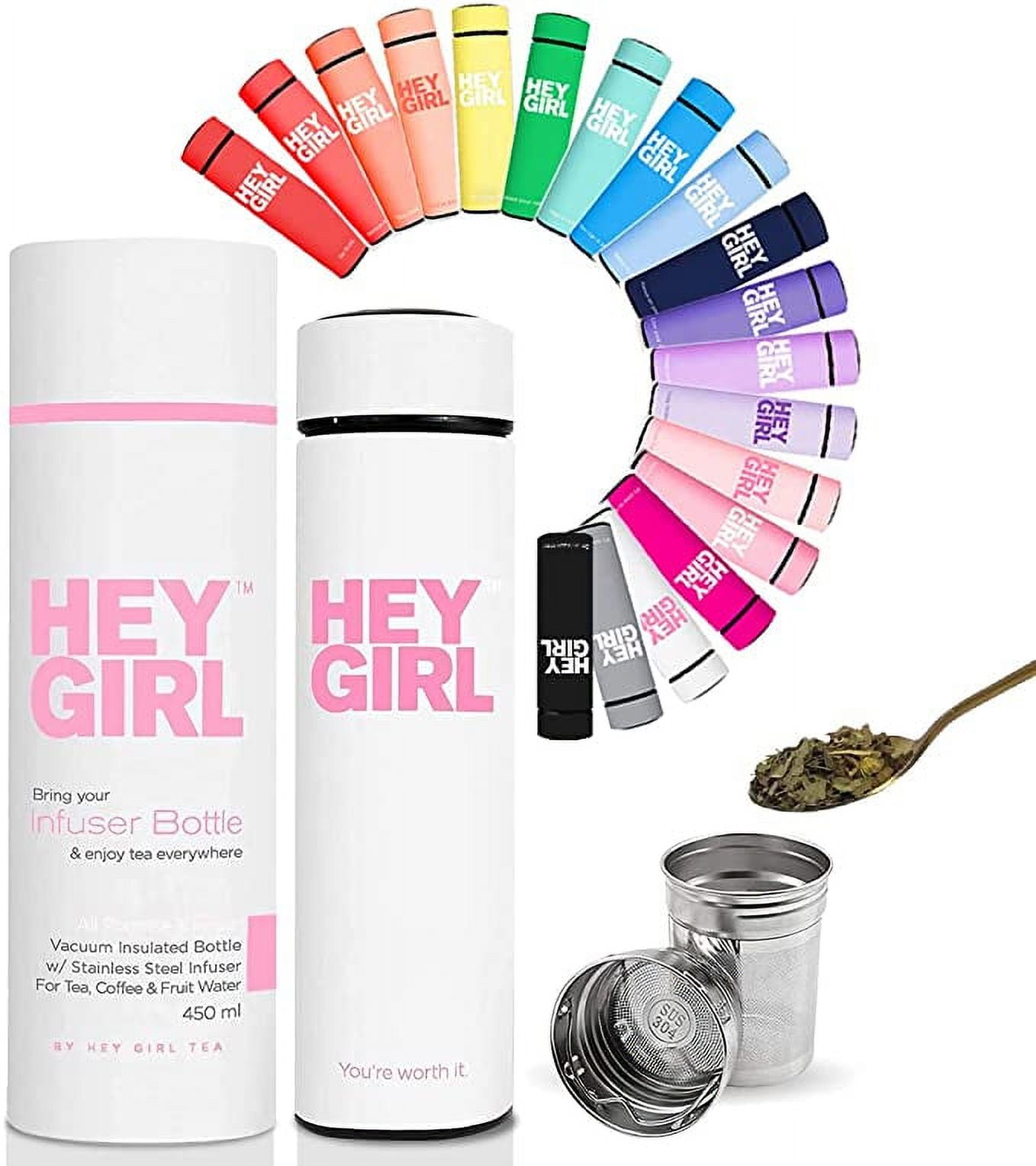 Hey Girl Tea Infuser Bottle 450ml (15oz) - White Water Bottle - Double ...