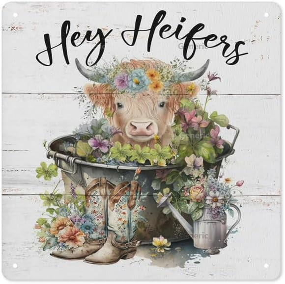 Hey Heifers Retro Western Floral Heifer Cow Sign Decor,Rustic Sign ...