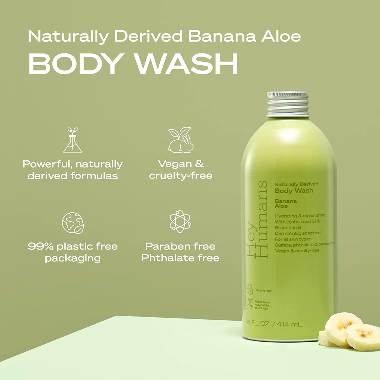 Hey Humans Body Wash Banana Aloe, 14 Fl OZ, Vegan Formula with ...