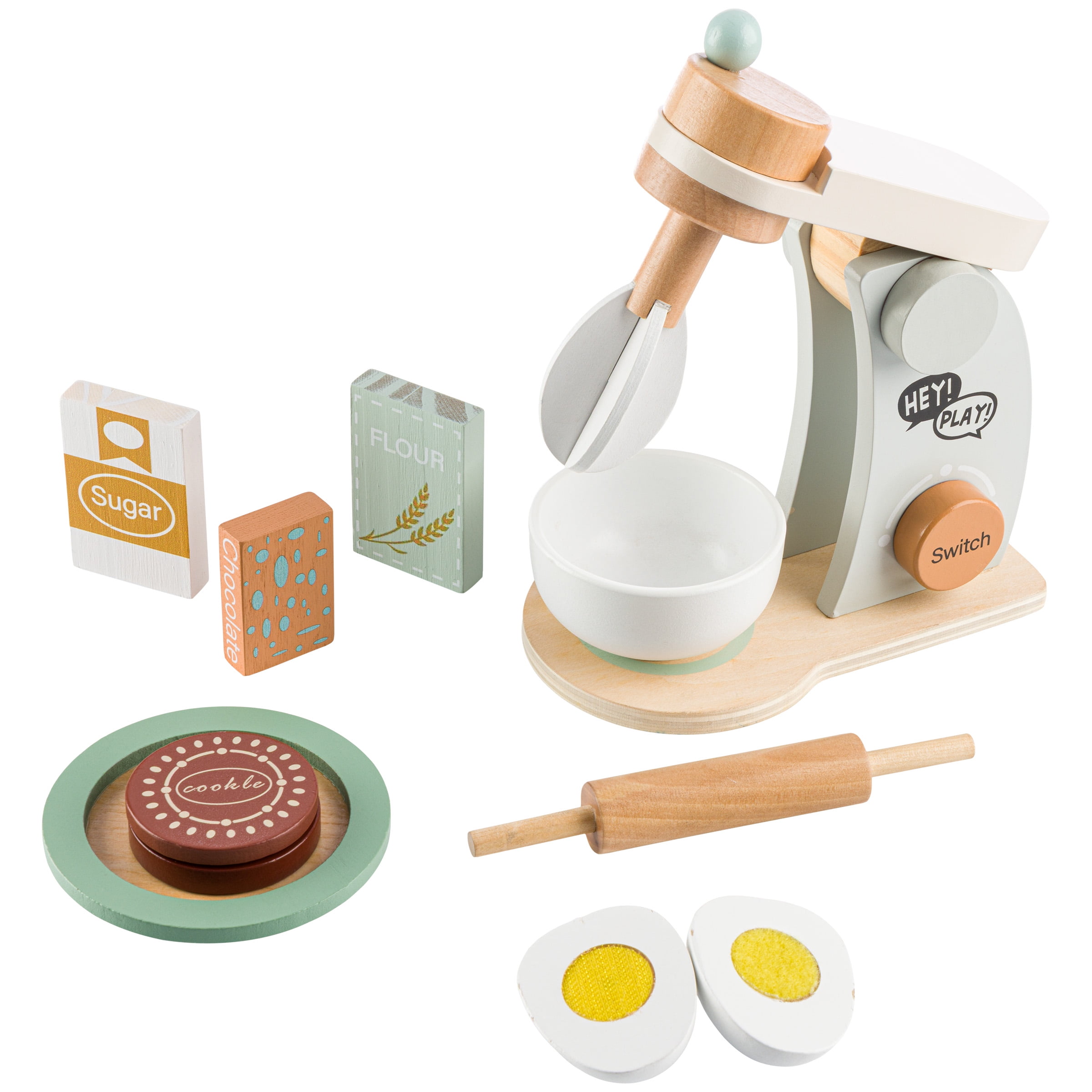 Hey Play Wooden Toy Mixer for Kids Kitchen Playset - 9-Piece Toddler ...