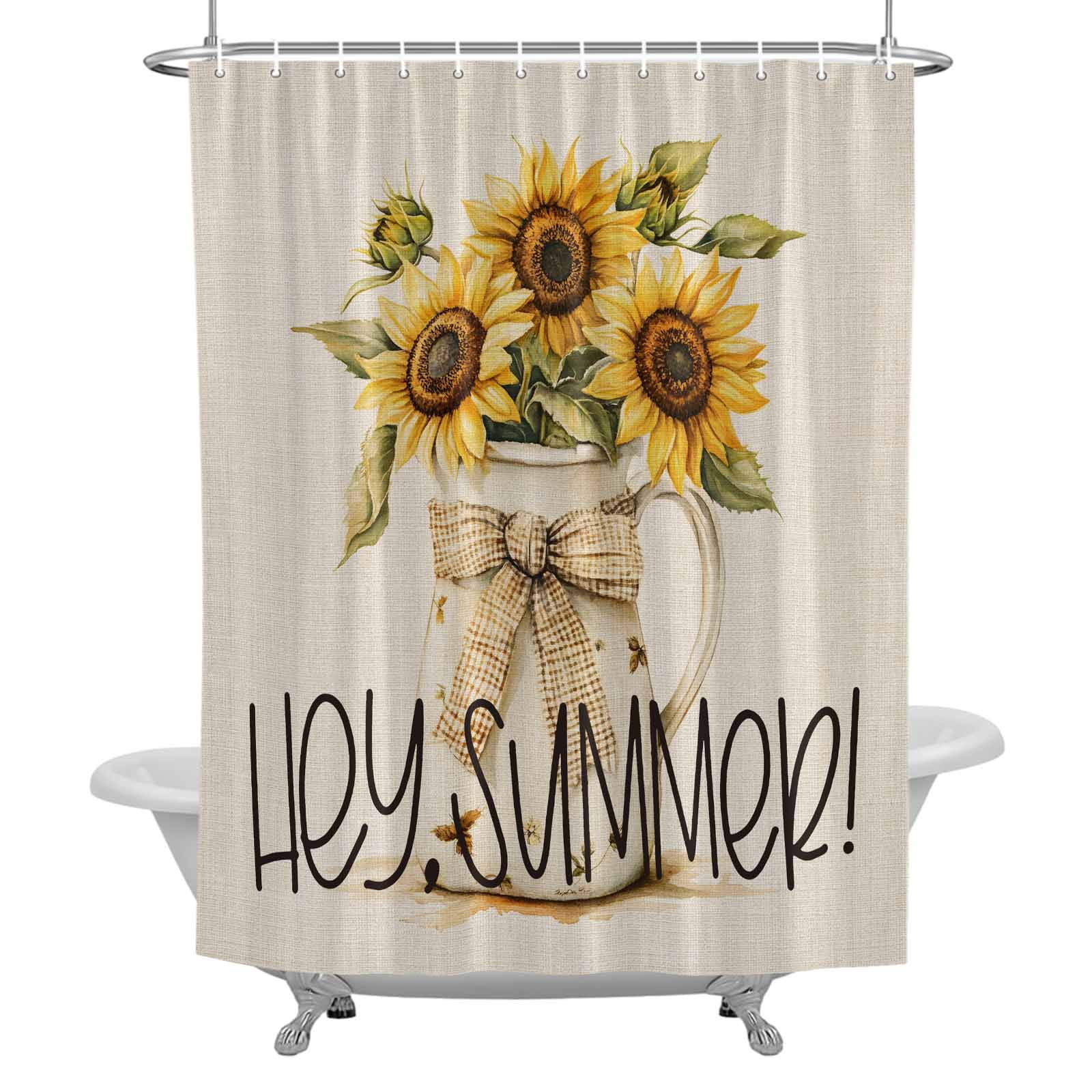 Hey Summer Shower Curtain for Bathroom, Vintage Sunflower Linen Texture ...