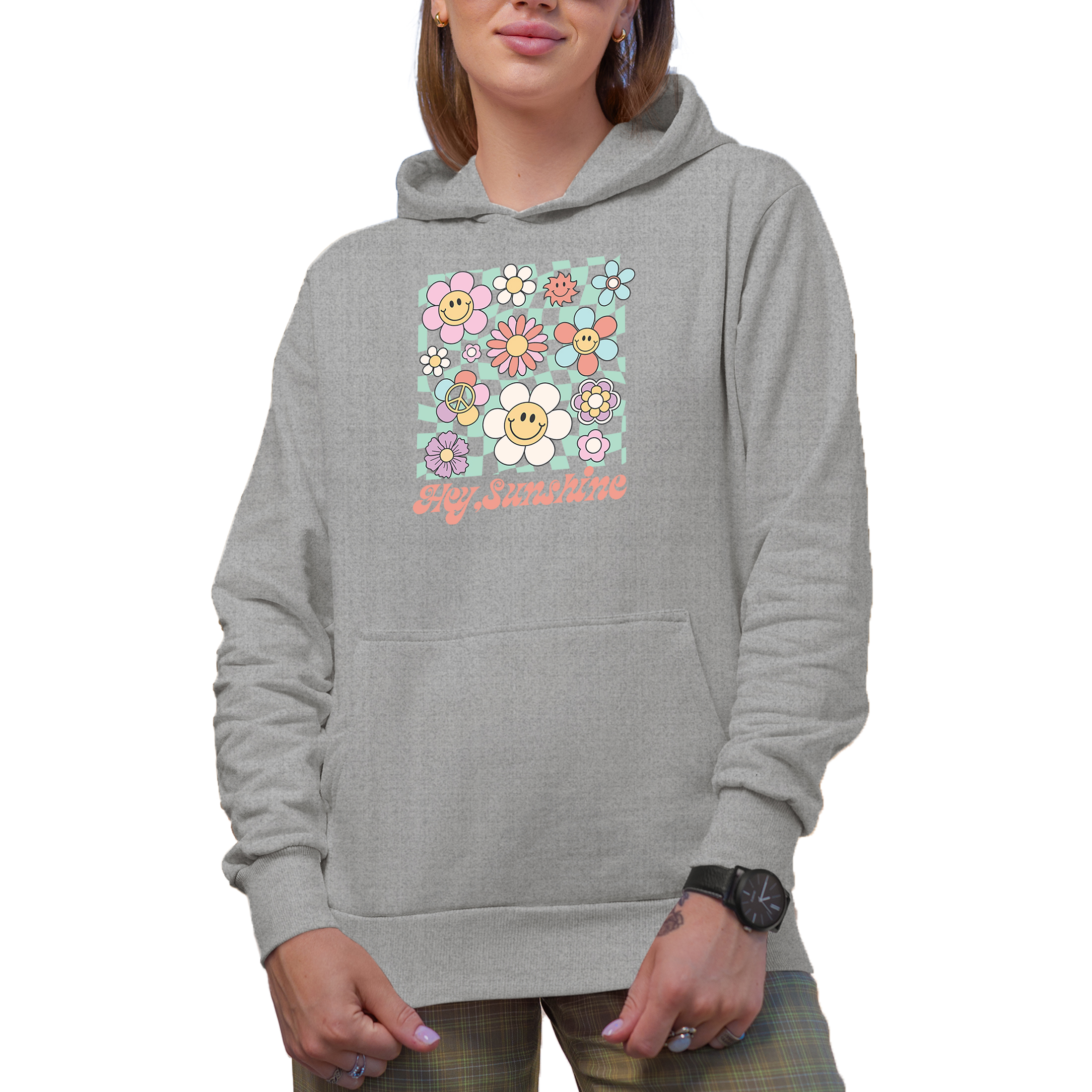Hey, Sunshine with Retro Smiling Flowers Art Merch Gift, Heather Grey ...