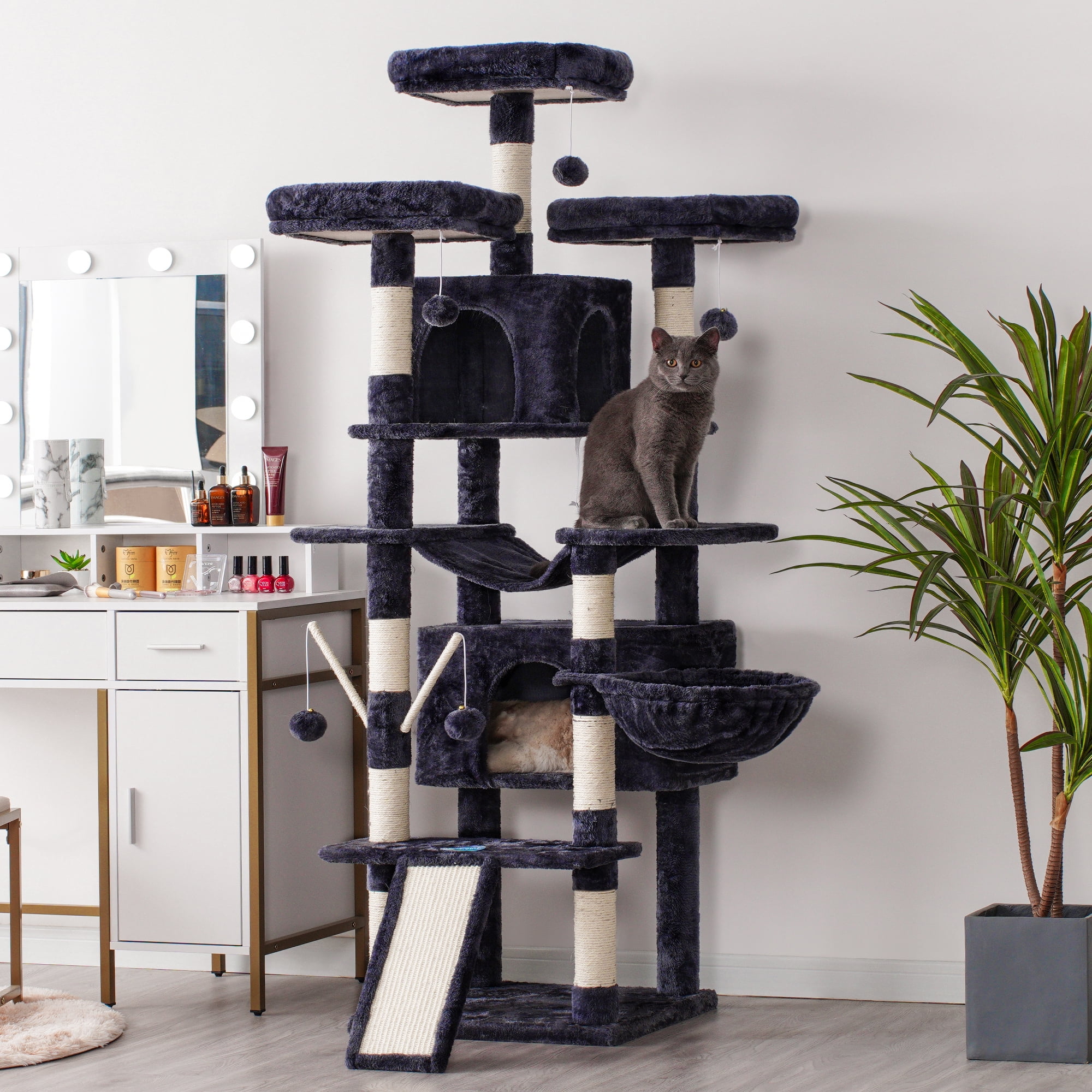 Hey-brother Cat Tree, Cat Tower with 3 Platforms, 3 Condos, Large Scratch Board, Hammock ...