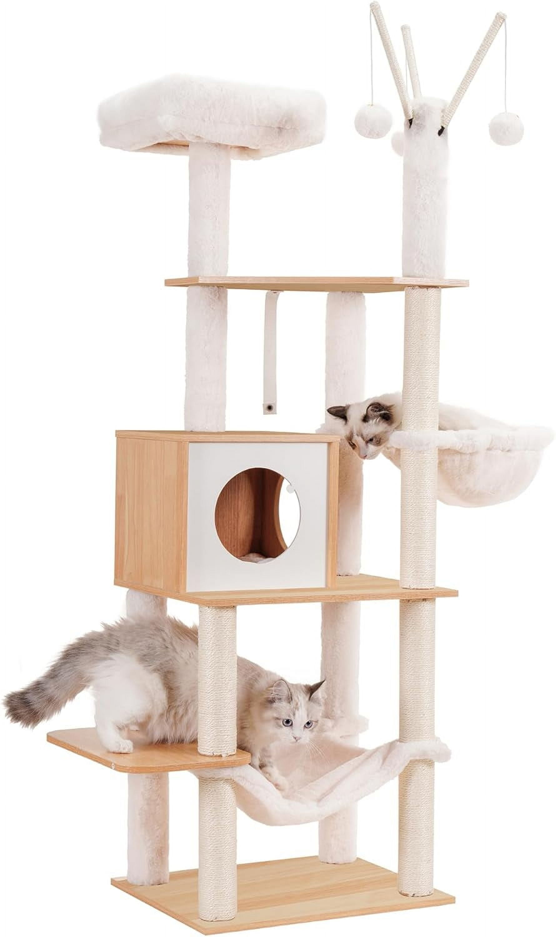 Wooden Cat Tree,55.5“ Cat Furniture with Scratching Posts, Modern Cat Tower with hammocks, Toys ...