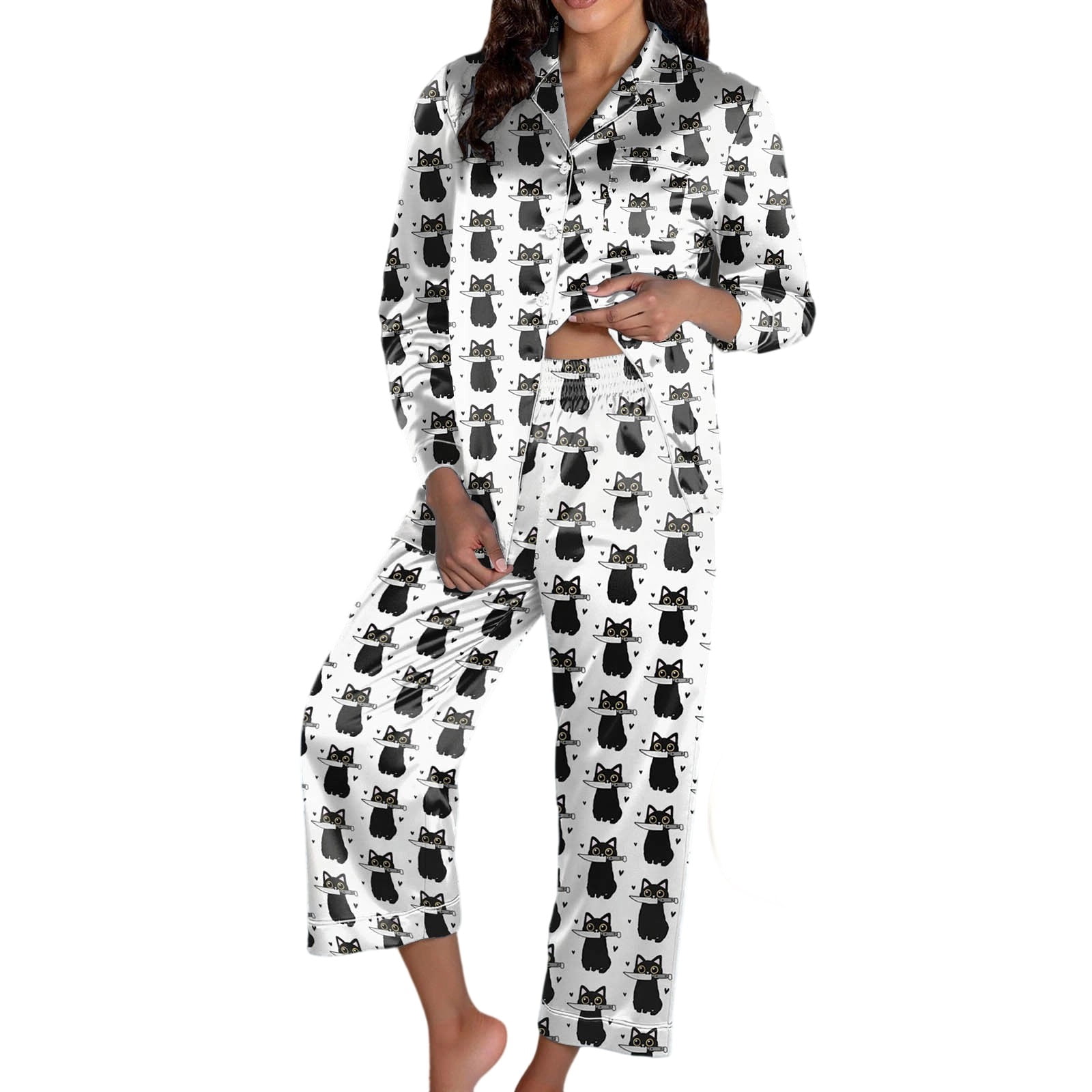 Heydday Women Halloween Print Satin Pajama Set, 2 Piece Long Sleeve ...