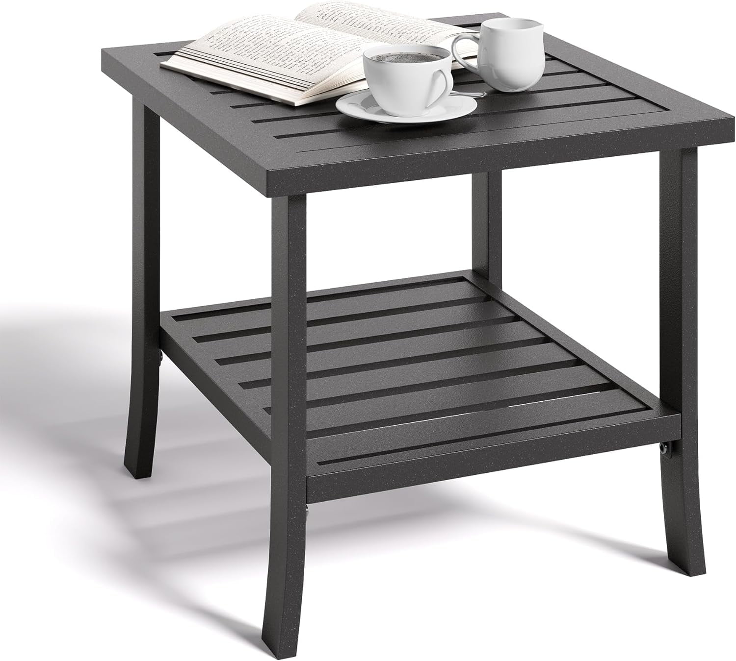 Heynemo 2-Tier Storage Square Patio Side Table, Outdoor Coffee Table ...