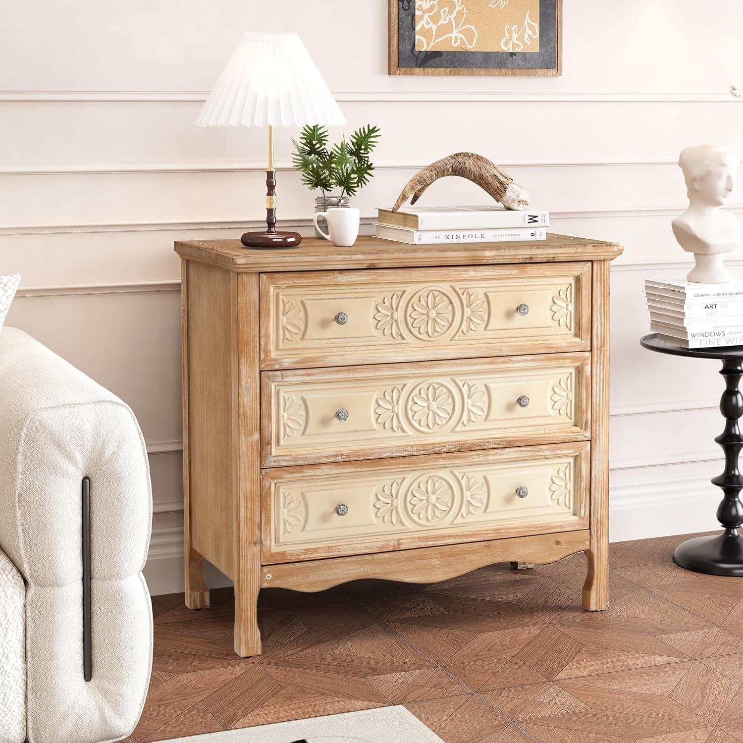 Heynemo 3 Drawer Dresser with Pattern Carved Drawers, Vintage 3 Chest ...