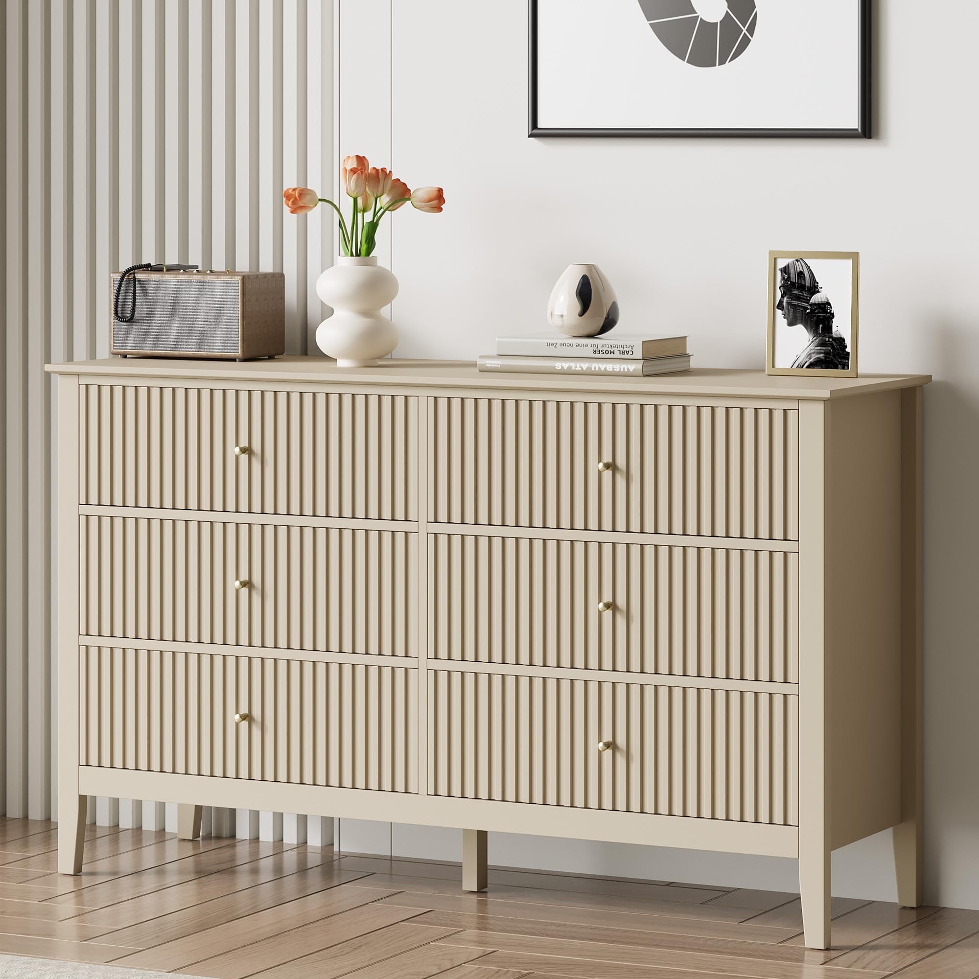 Heynemo Beige 6 Drawer Dresser, Fluted Modern Wood Chest - Walmart.com