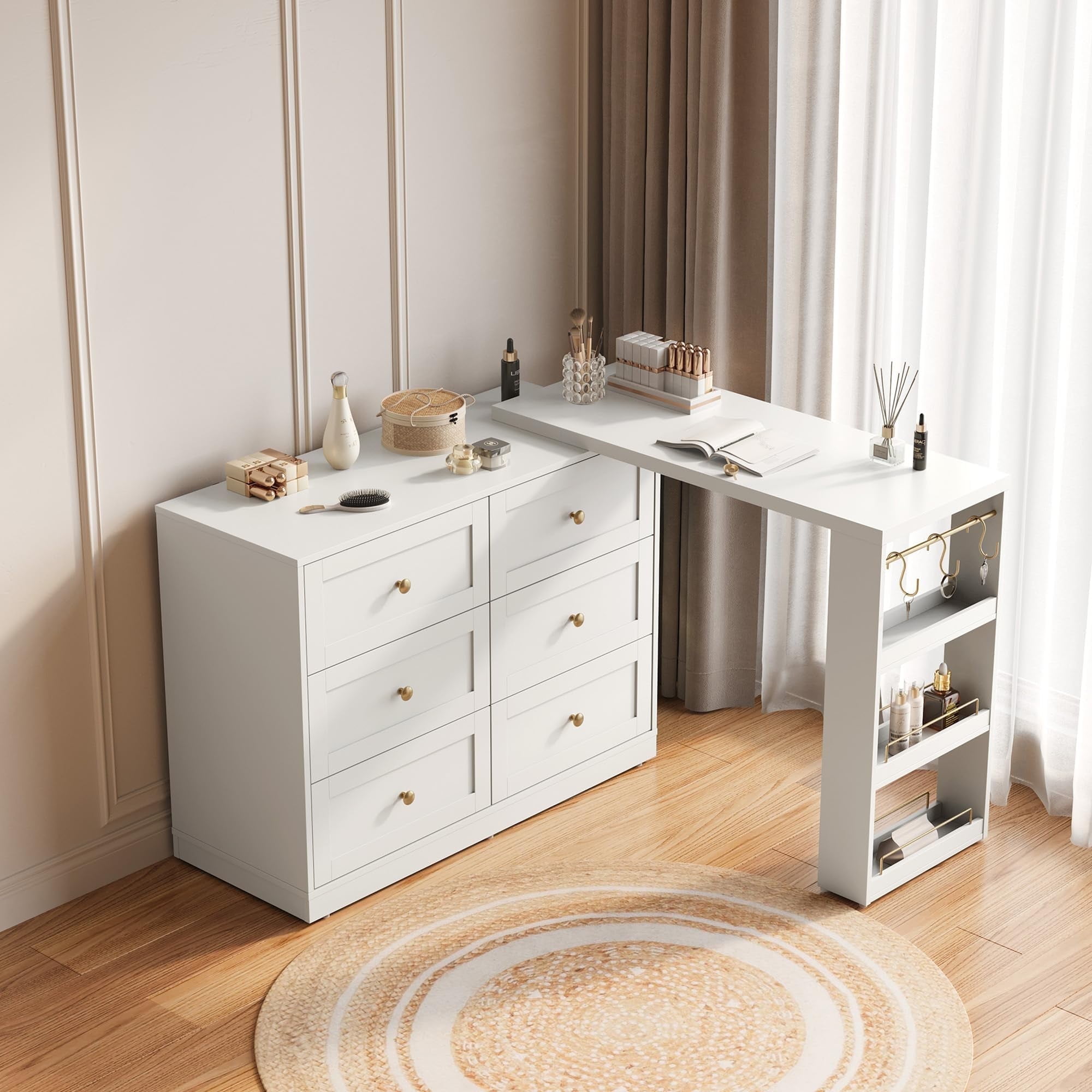Heynemo Extendable Makeup Vanity Desk with 3 Side Shelves, L-Shaped ...