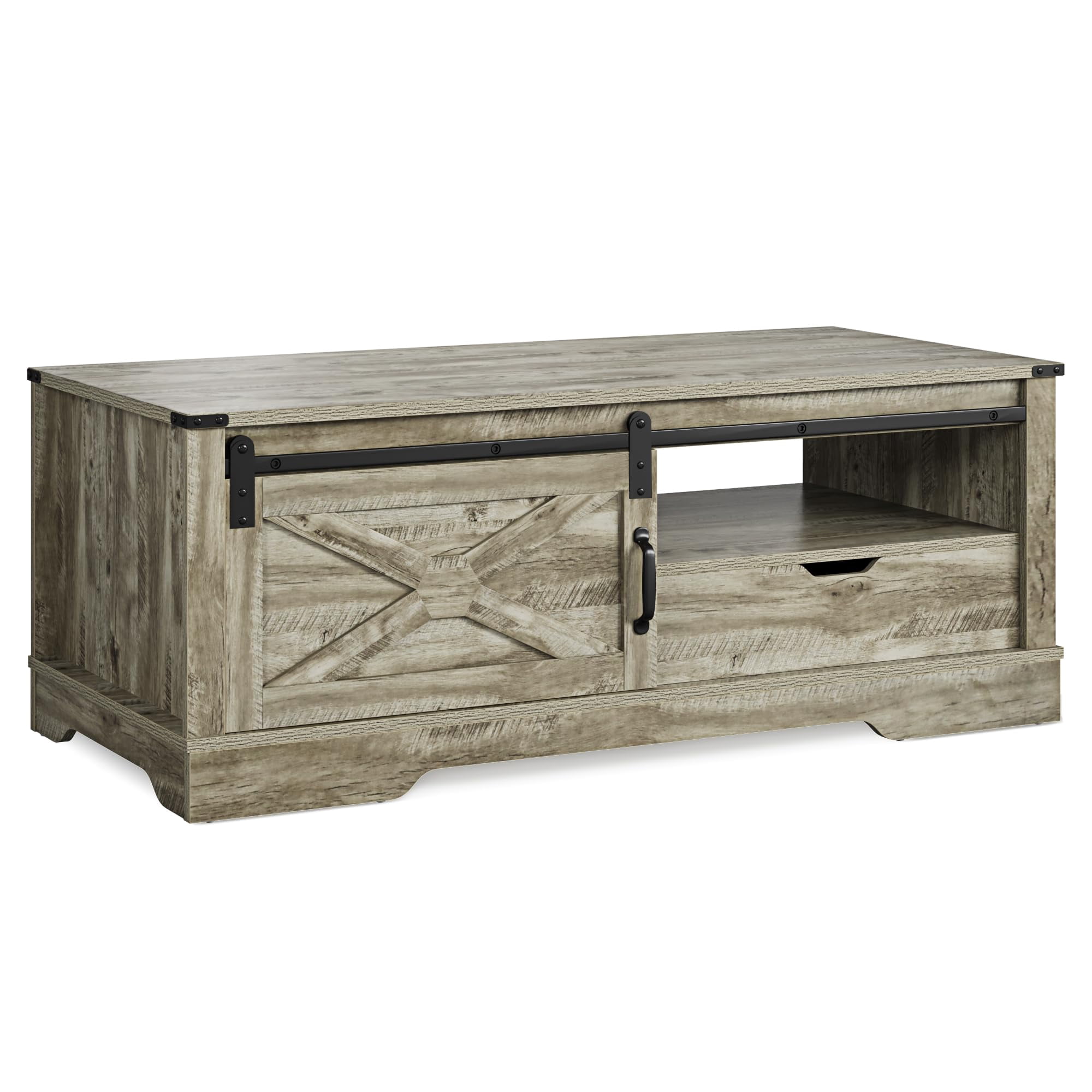 Heynemo Farmhouse Coffee Table With Storage And Sliding Barn Door 48
