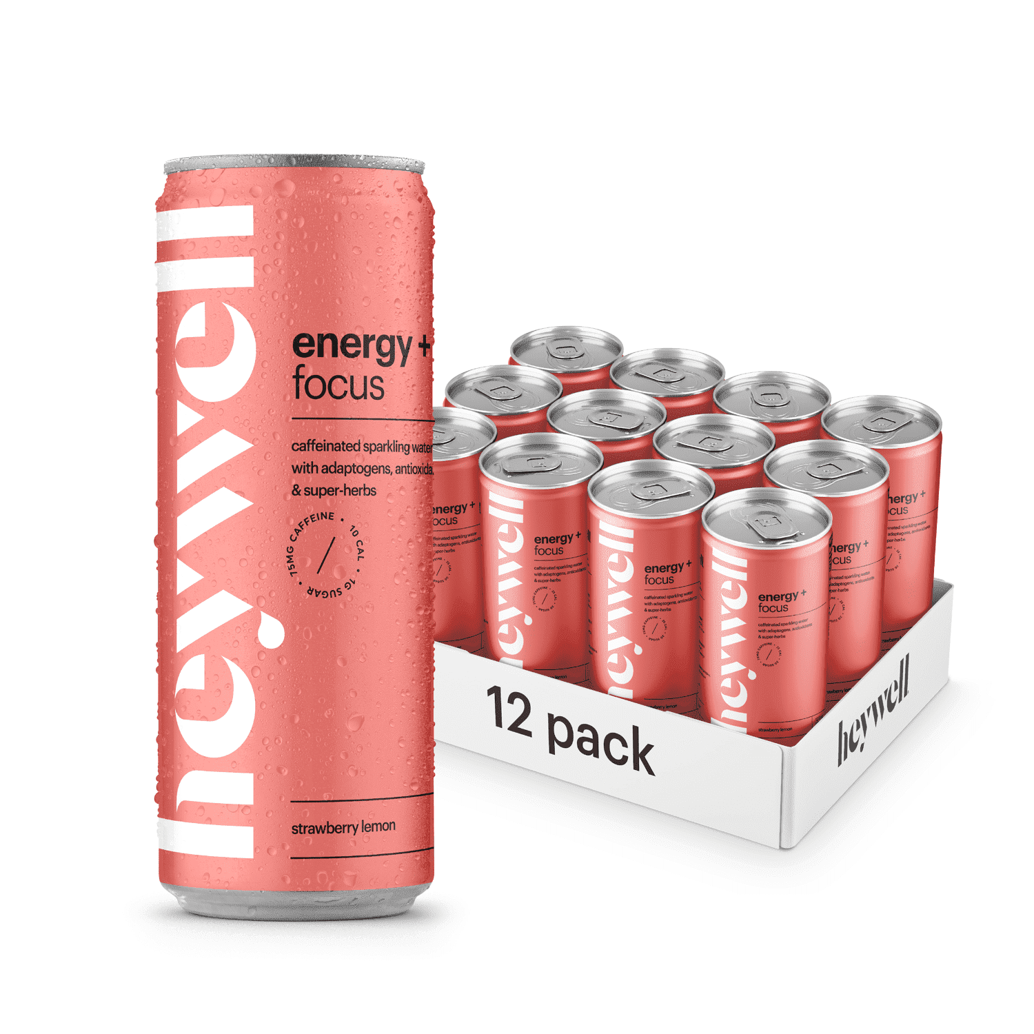 Heywell Sparkling Adaptogenic Water Energy and Focus, Strawberry Lemon, 12 oz, 12 pack Cans ...