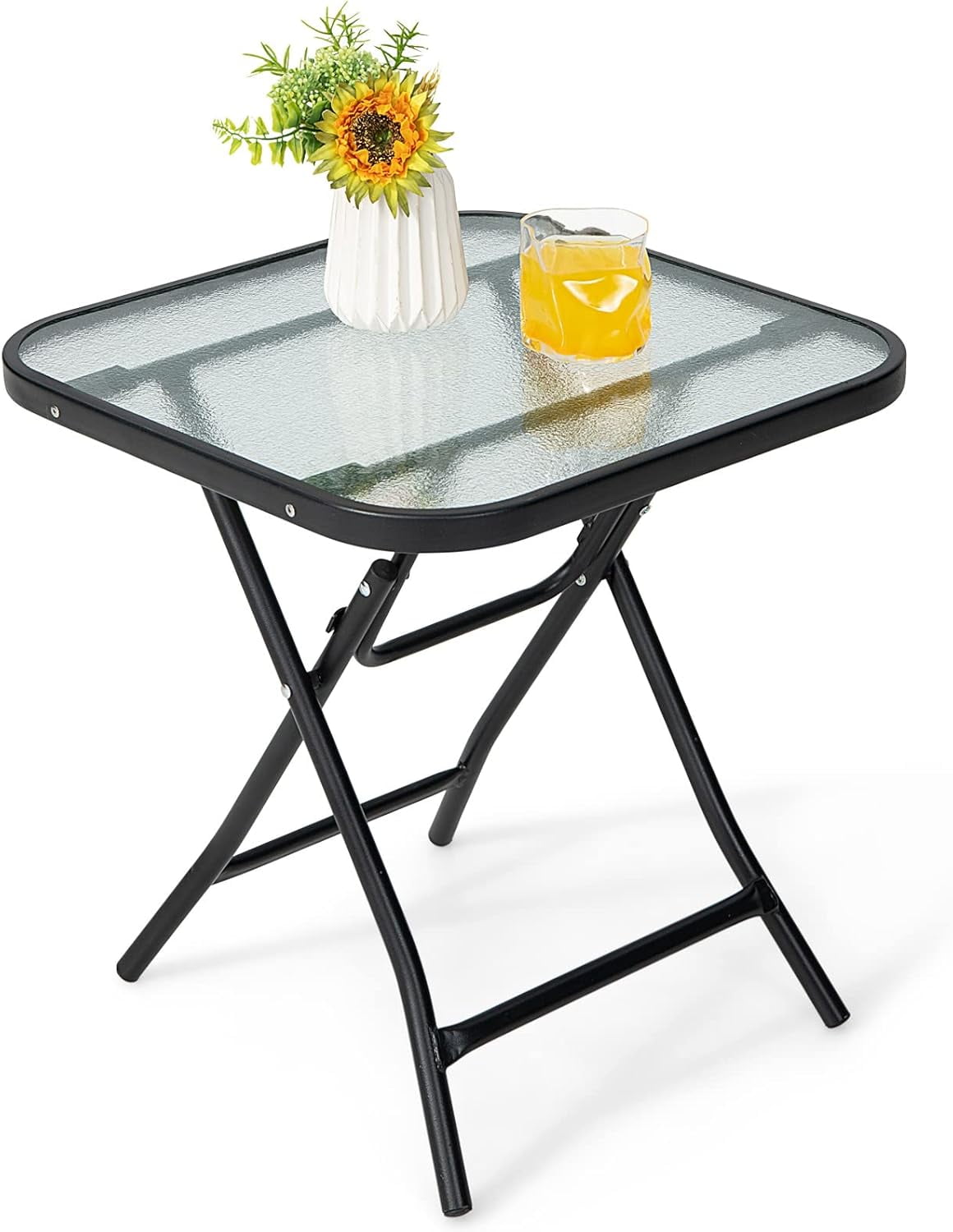 Heywoo 18” Folding Square Glass Side Table, Portable Patio Bistro ...