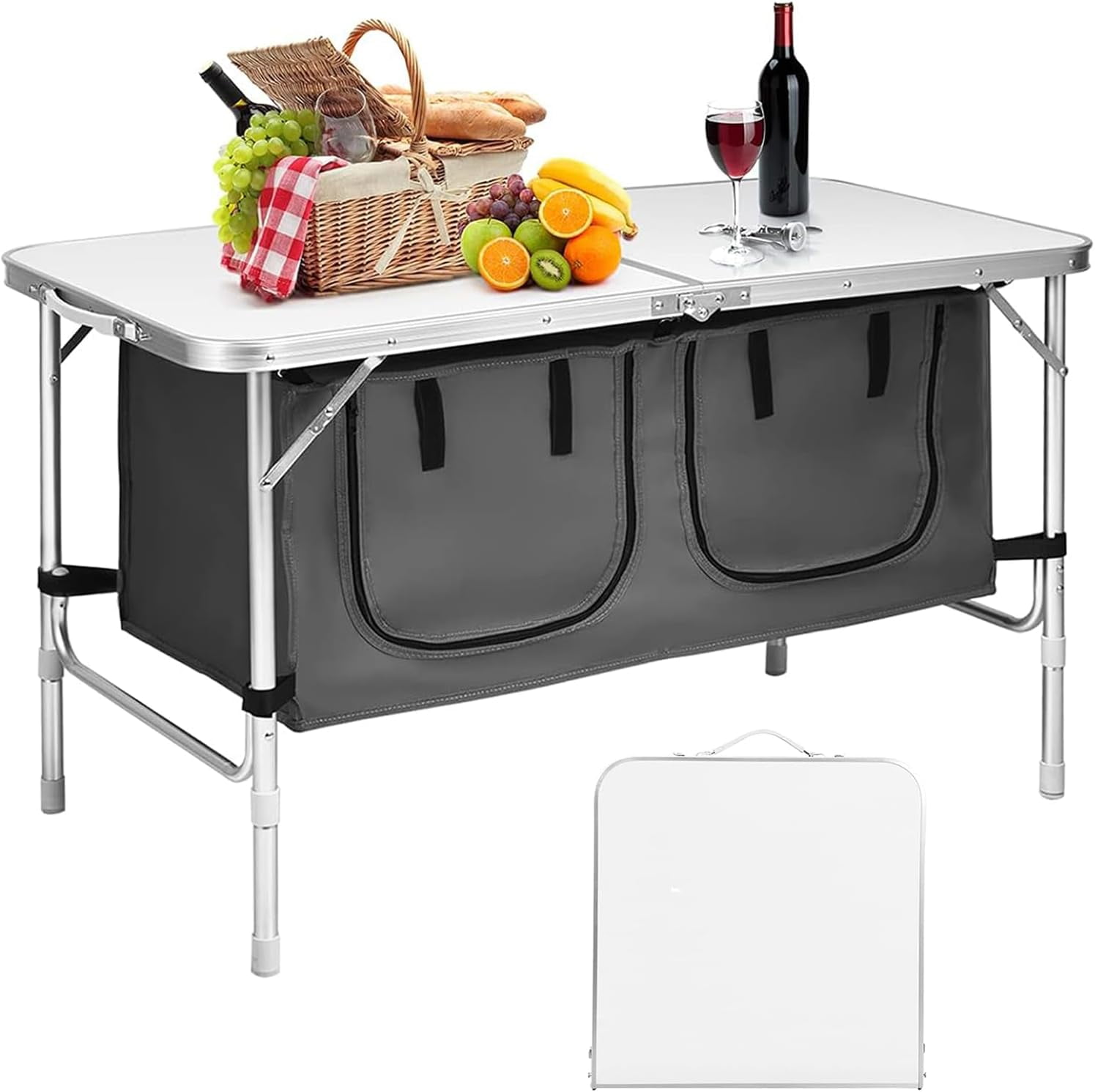 Heywoo Folding Camping Table with Storage, Portable Aluminum Folding ...