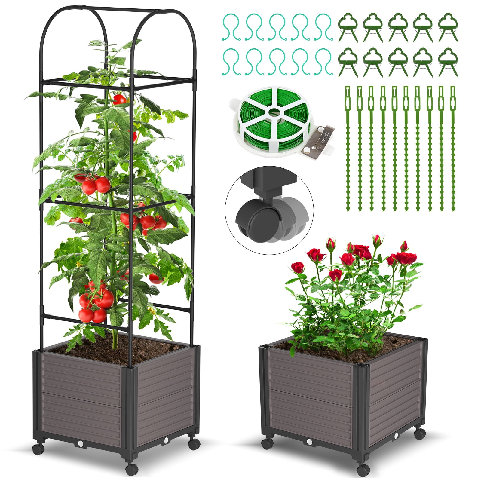 Heywoo Garden Bed Outdoor Planter Box with Trellis and Wheels, Tomato ...