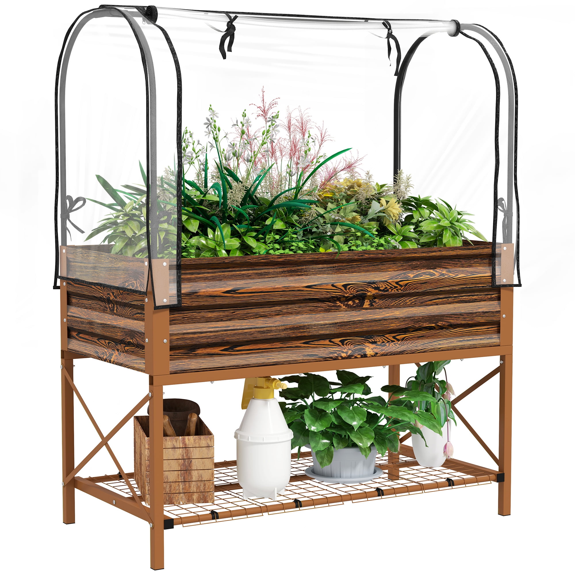 Heywoo Raised Garden Bed with Cover and Storage Shelf, Rectangular ...