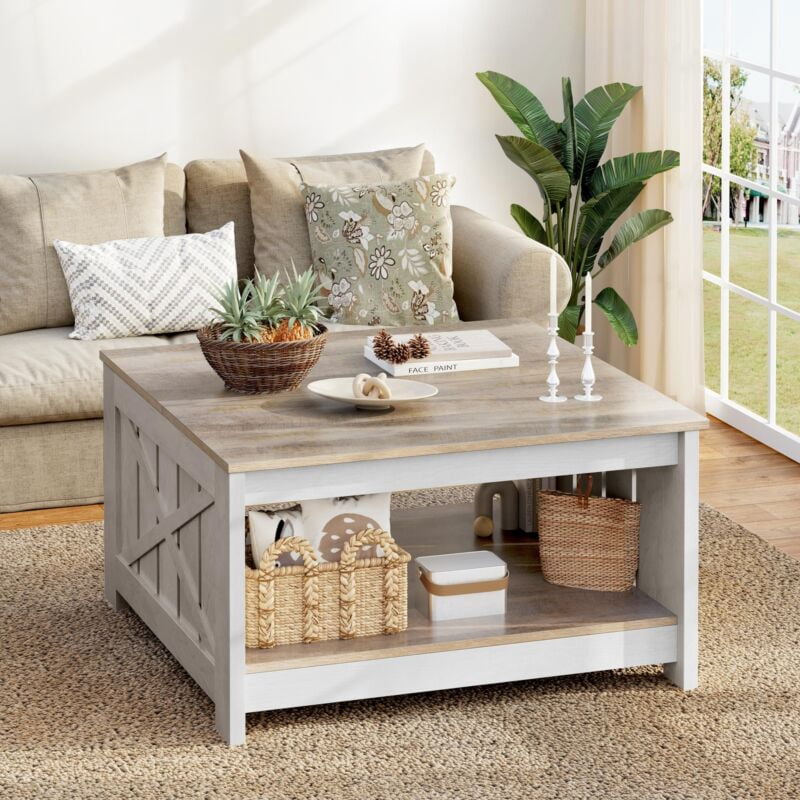 Heywoo Square Coffee Table with 2-Tier Storage Farmhouse Cocktail Table ...