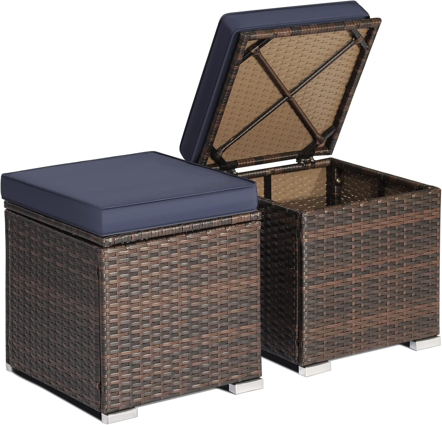 Heywoo Wicker Outdoor Storage Ottoman, 2-Piece Rattan Footstool w ...