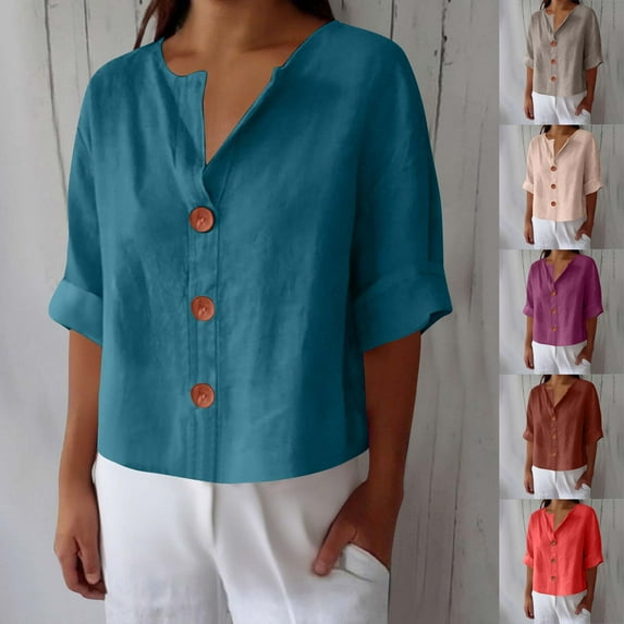 Hfnxid Plus Size Tops for Women Short Sleeve Button Down T-Shirts ...