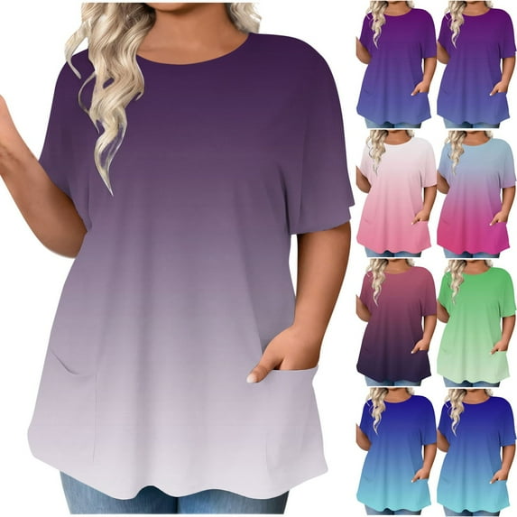 Hfnxid Summer Top for Women Plus Size Gradient Short Sleeve Shirt ...