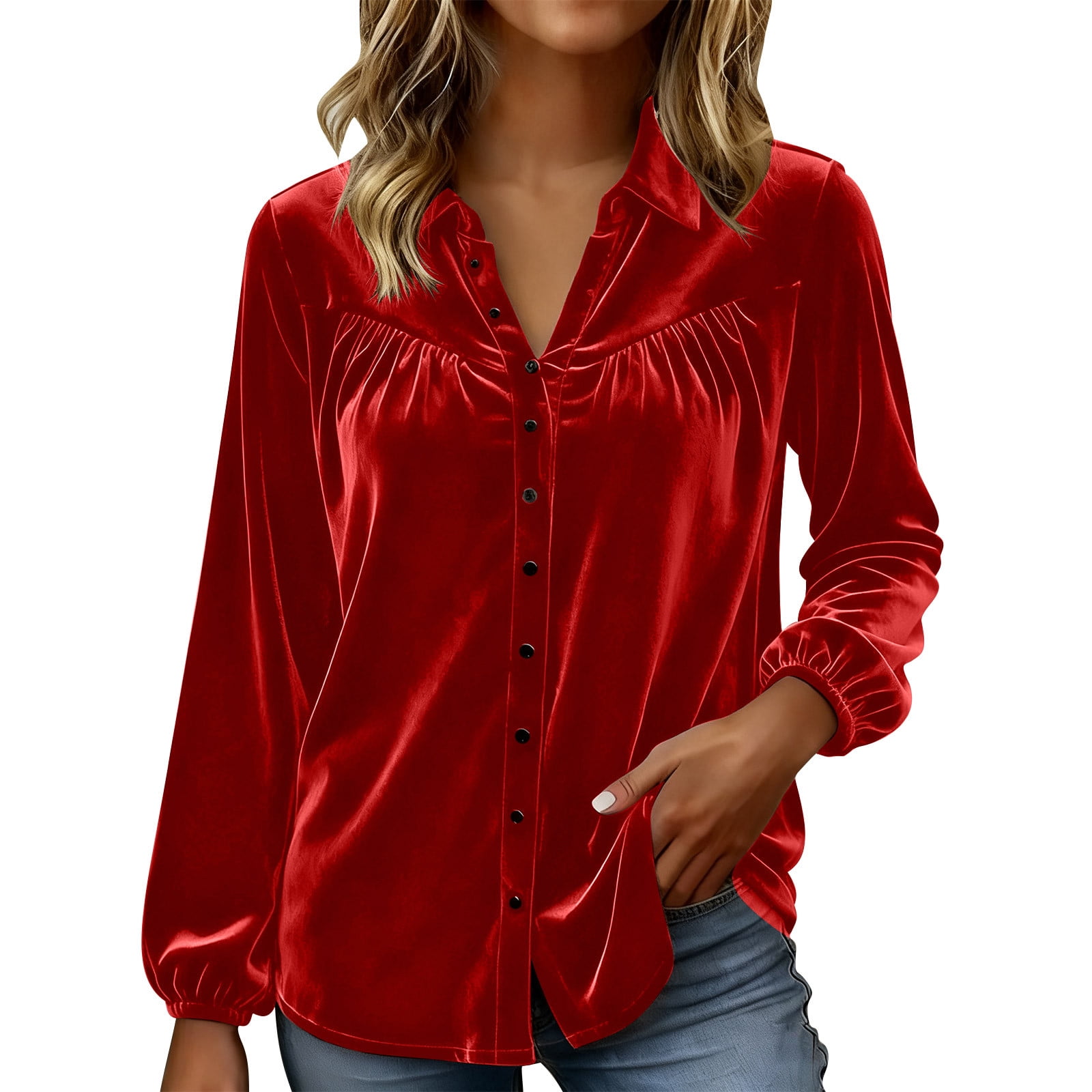 Hfnxid Velour Shirts for Women Casual Button Down Long Sleeve T-Shirt ...