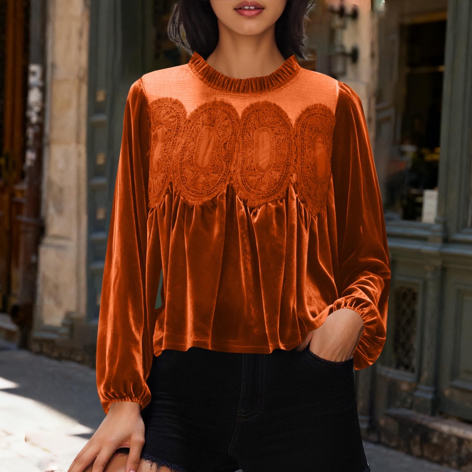 Hfnxid Velvet Womens Tops Puff Sleeve Round Neck Shirts Lace Patchwork ...