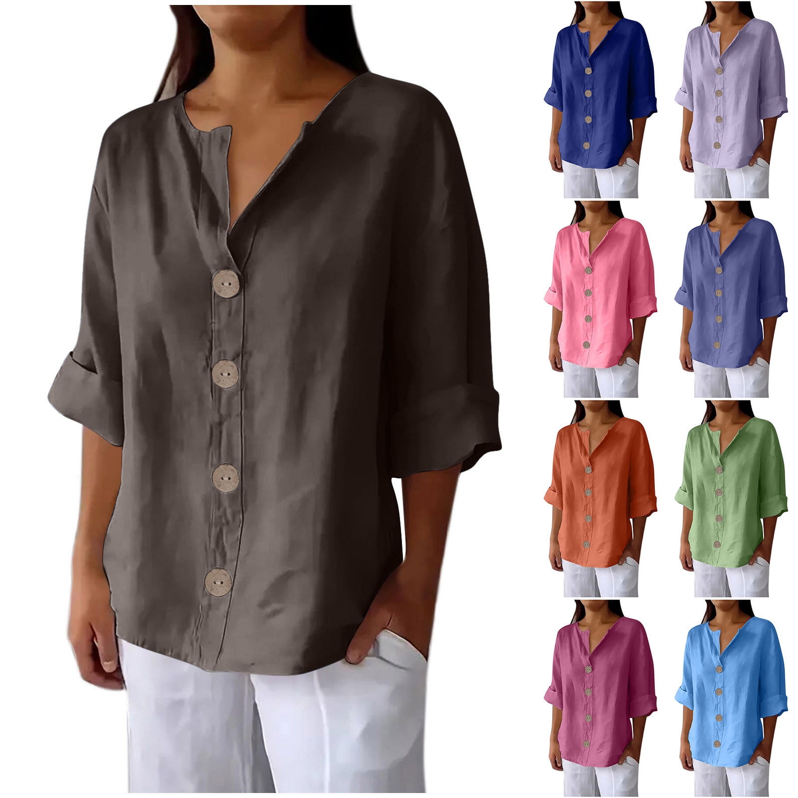 Hfnxid Women's Cotton Linen Tops Asymmetric Neck Button Shirt Casual ...