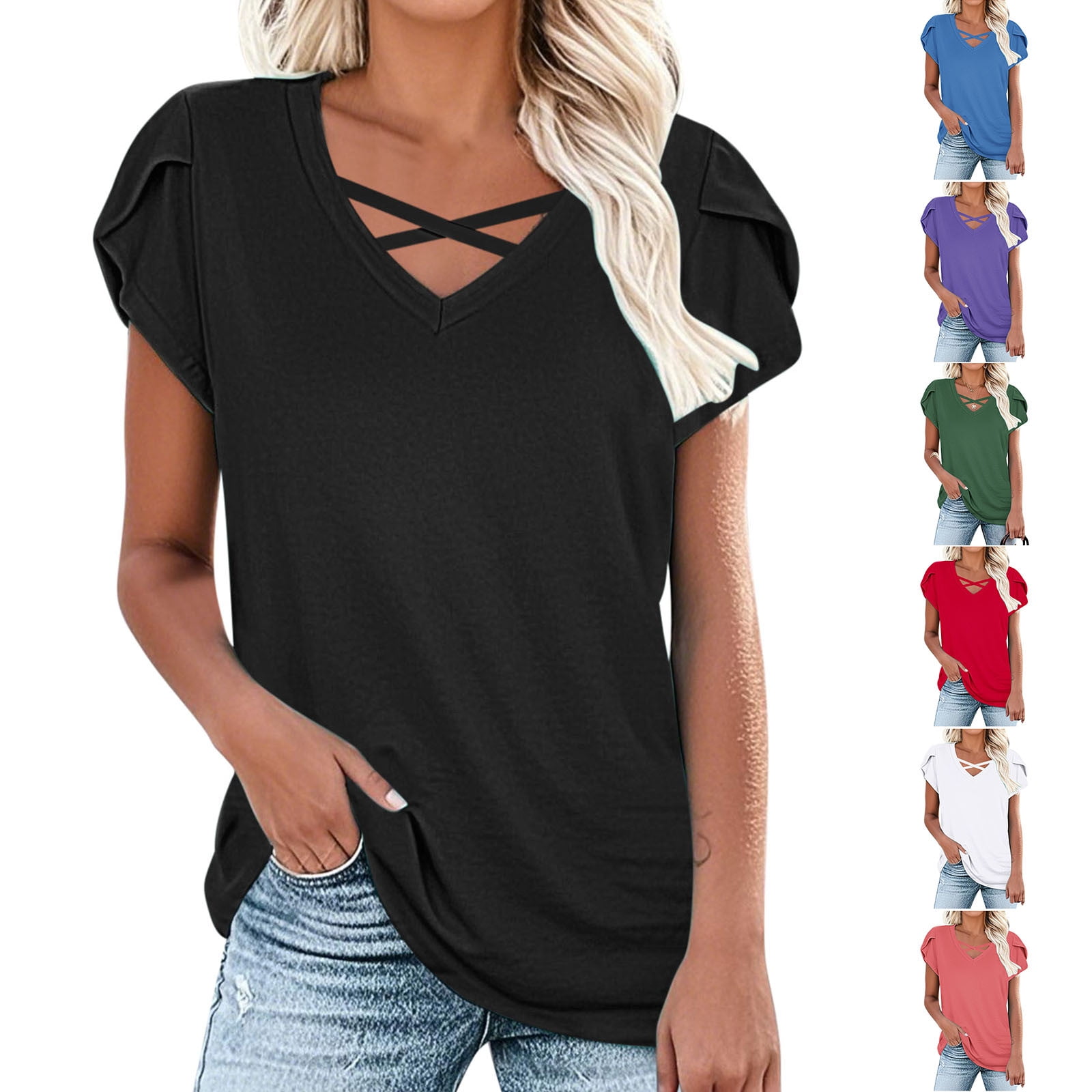 Hfnxid Women's Plus Size Top V Neck Cap Sleeve Tunic Shirst Casual ...