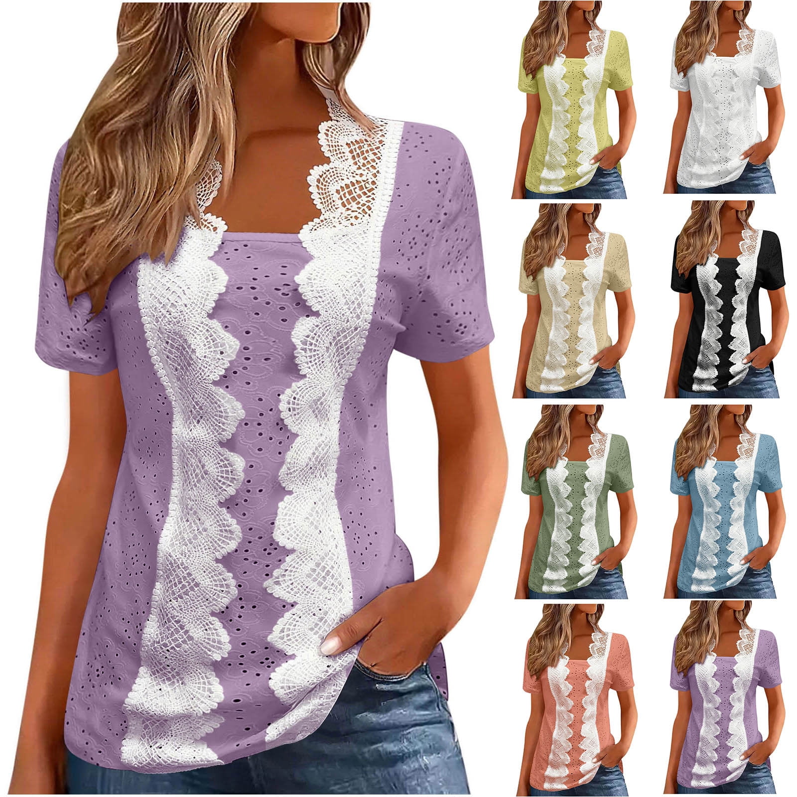 Hfnxid Women's Top Square Neck Short Sleeves Shirts Fashion Eyelet Lace ...