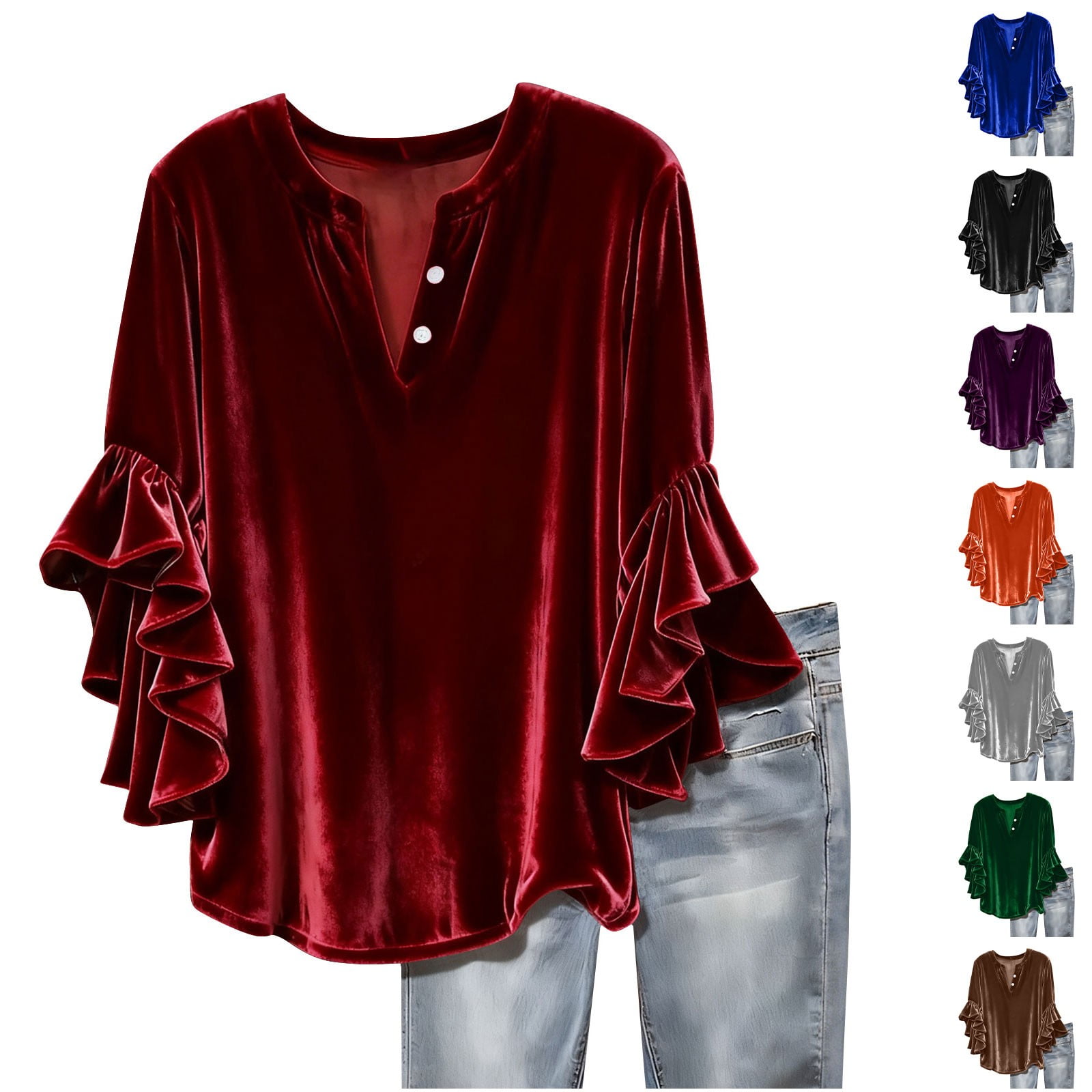 Hfnxid Womens 3/4 Length Sleeve Velvet Tops V Neck Ruffle Solid Color ...