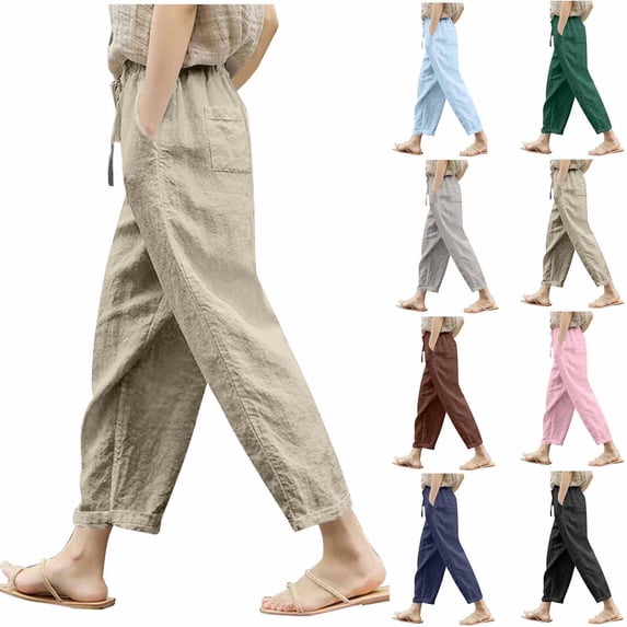 Hfnxid Womens Cotton Linen Pants Loose Fit Wide Leg Pant Solid Color ...