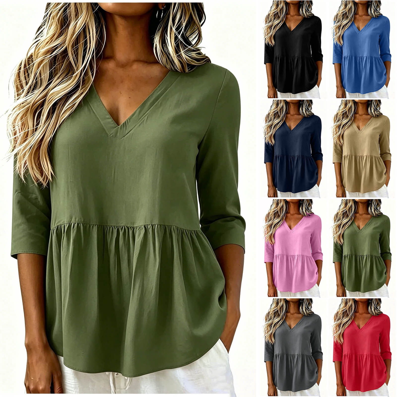 Hfnxid Womens Cotton Linen Tops Loose Fit 3/4 Sleeve Tunic Top Casual ...