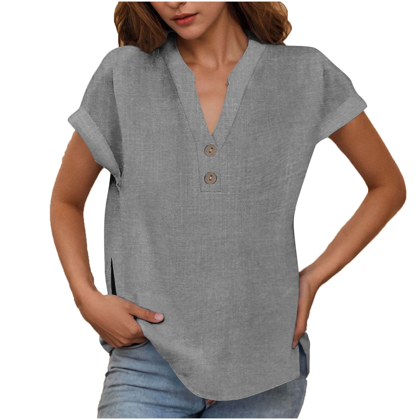 Hfnxid Womens Cotton Linen Tops V Neck Short Sleeve Shirts Fashion ...