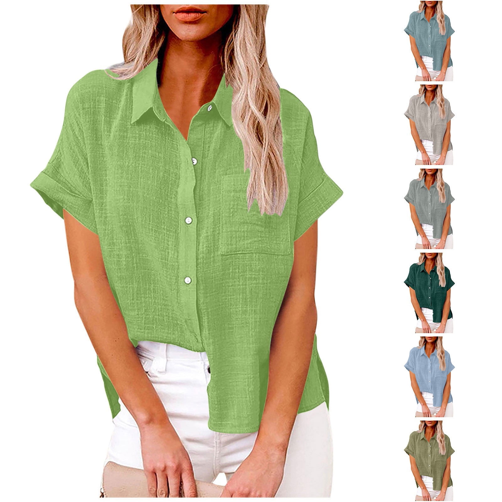 Hfnxid Womens Cotton Linen Tops V Neck Short Sleeve Shirts Fashion ...