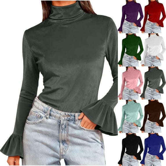 Hfnxid Womens Turtleneck Velvet Shirt Women Long Bell Sleeve Shirts ...