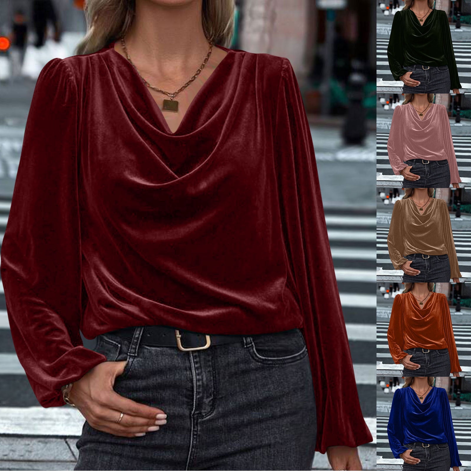 Hfnxid Womens Velvet Long Sleeved Shirts Dressy Cowl-Neck Solid Blouses ...