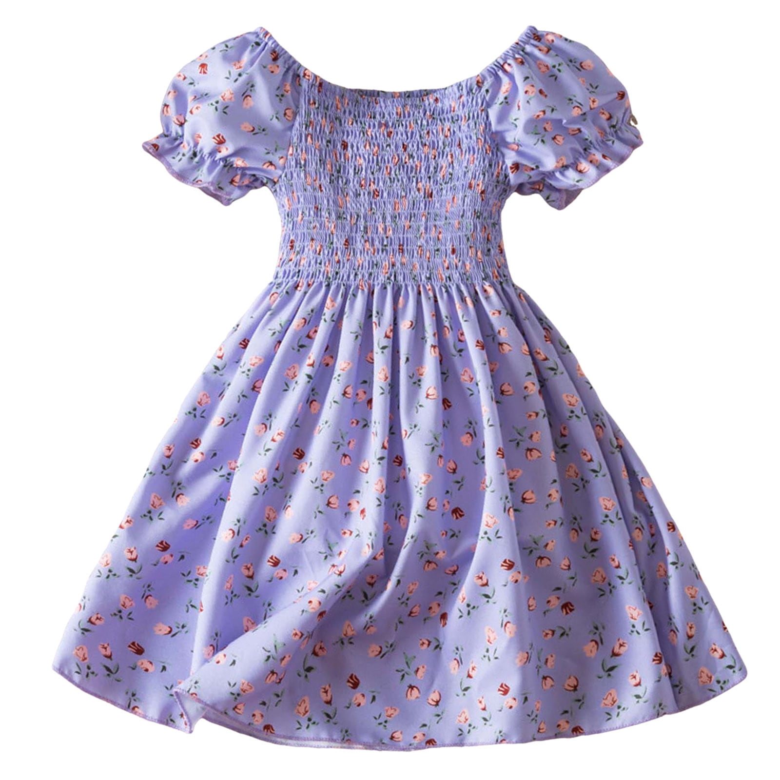 Hfolob Fancy Girl Dress Kids Short Sleeve Flowers Prints Casual Summer ...