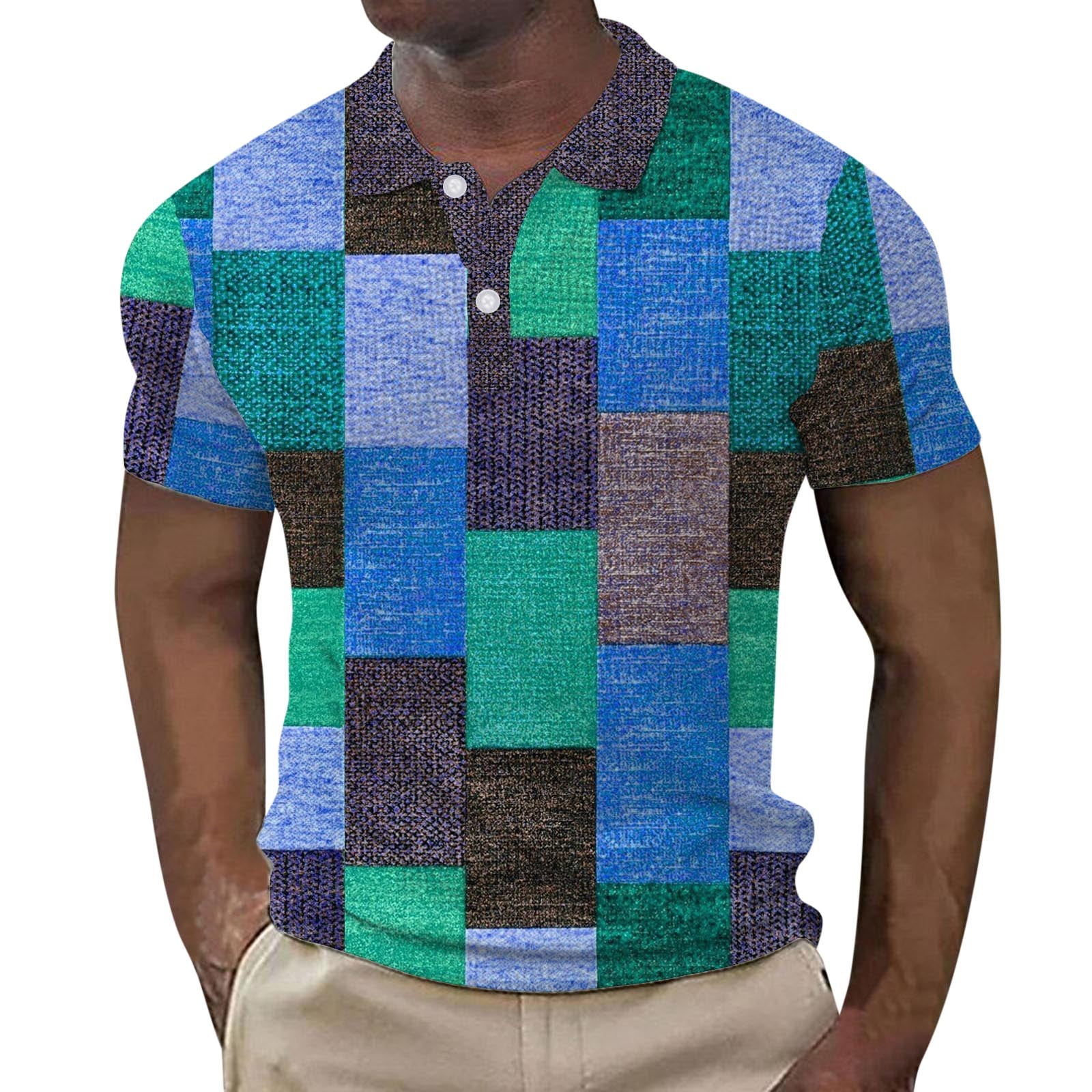 Hfolob Men's Polo Shirt Male Spring Summer Plaid Shirt Button Up Lapel ...