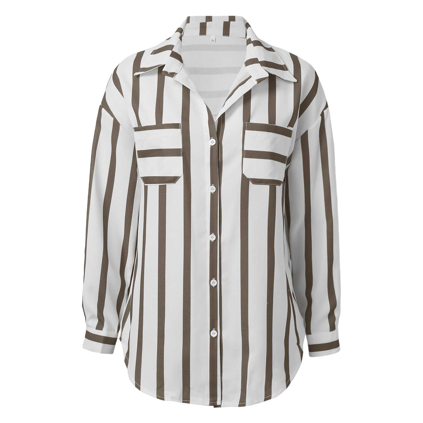 Hfolob Women's Blouses Ladies Fashion Mid Length Vertical Striped Multi ...