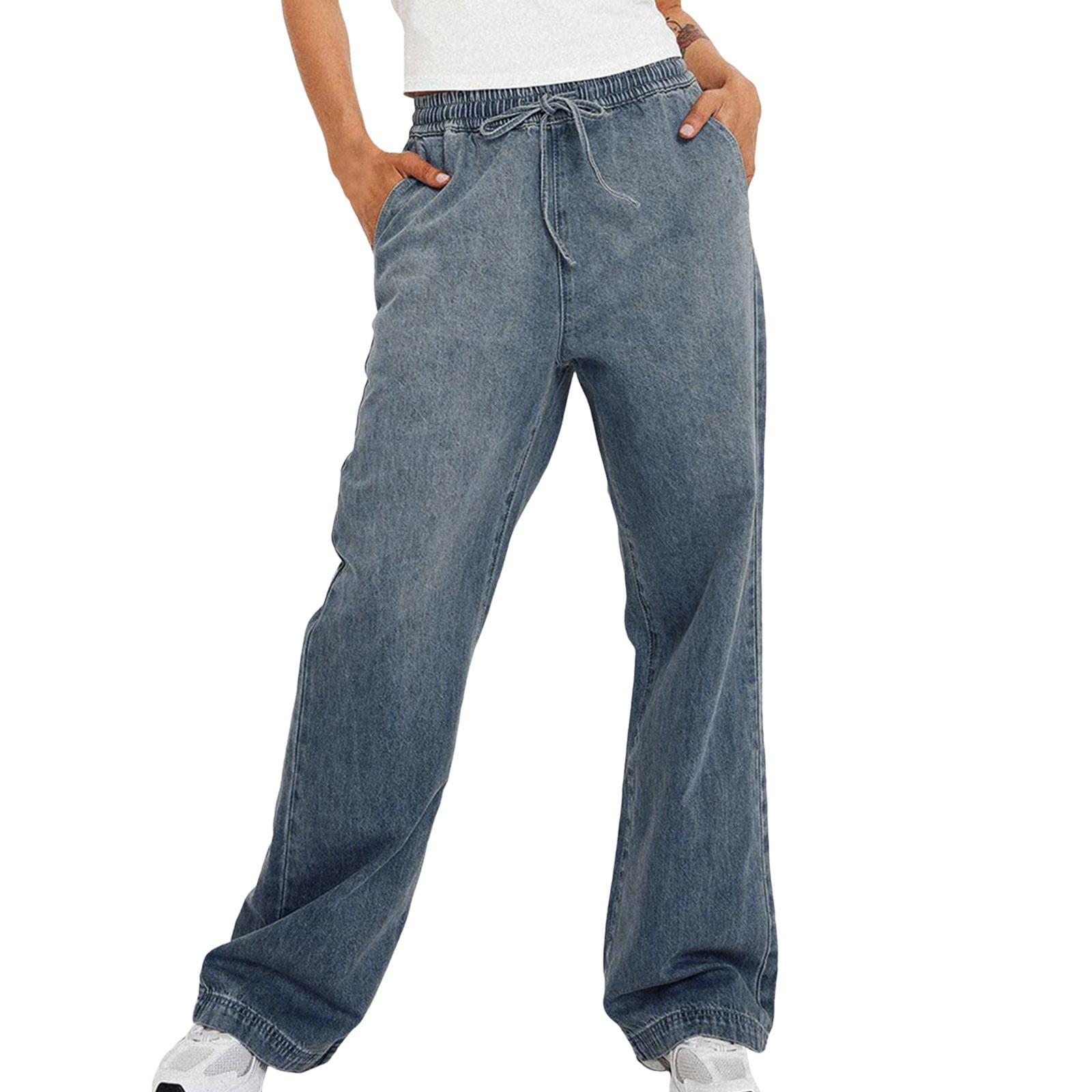Hfolob Women's Jeans Womens Simple Do Old Elastic Waist Straight Leg ...