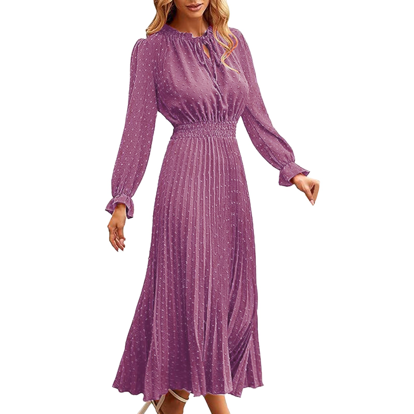 Womens Dresses Women Fall Midi Dress Casual Long Sleeve V Neck Dot ...