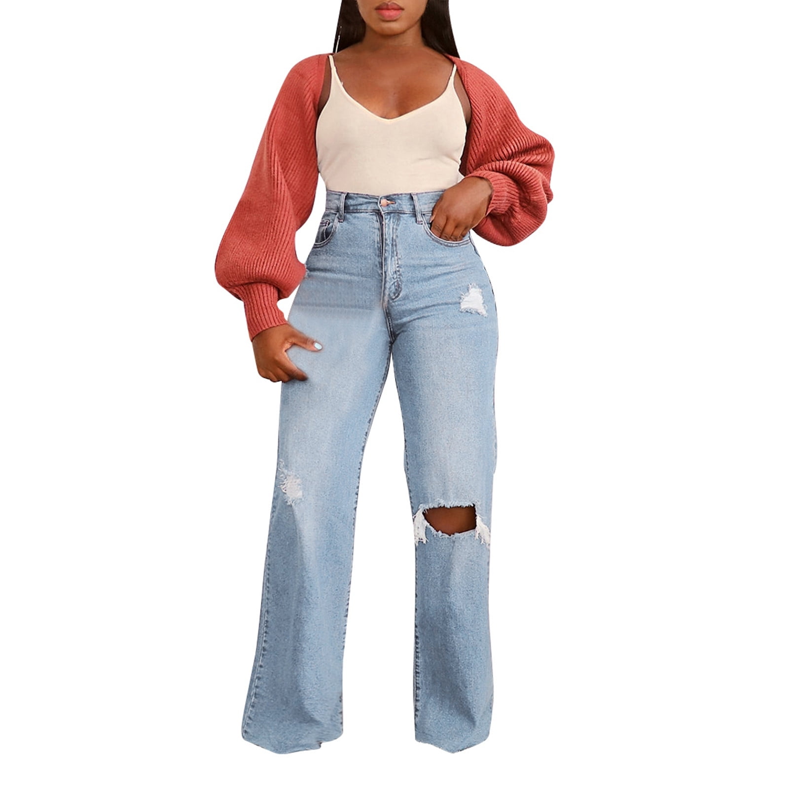 Hfolob Womens Jeans Female Casual Wrinkled Jeans With Crop Tops For A ...