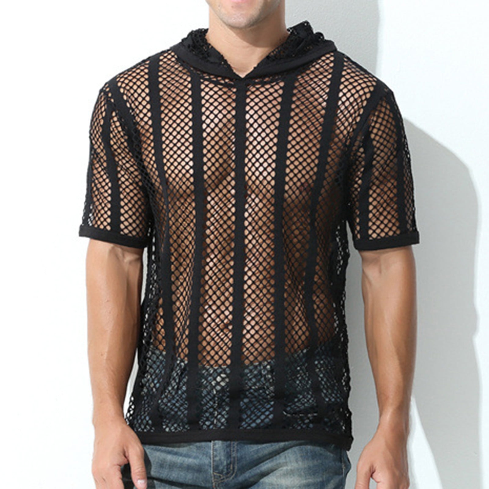 Hfyihgf Men's Fishnet See-Through Tops Short Sleeve Muscle Workout T ...