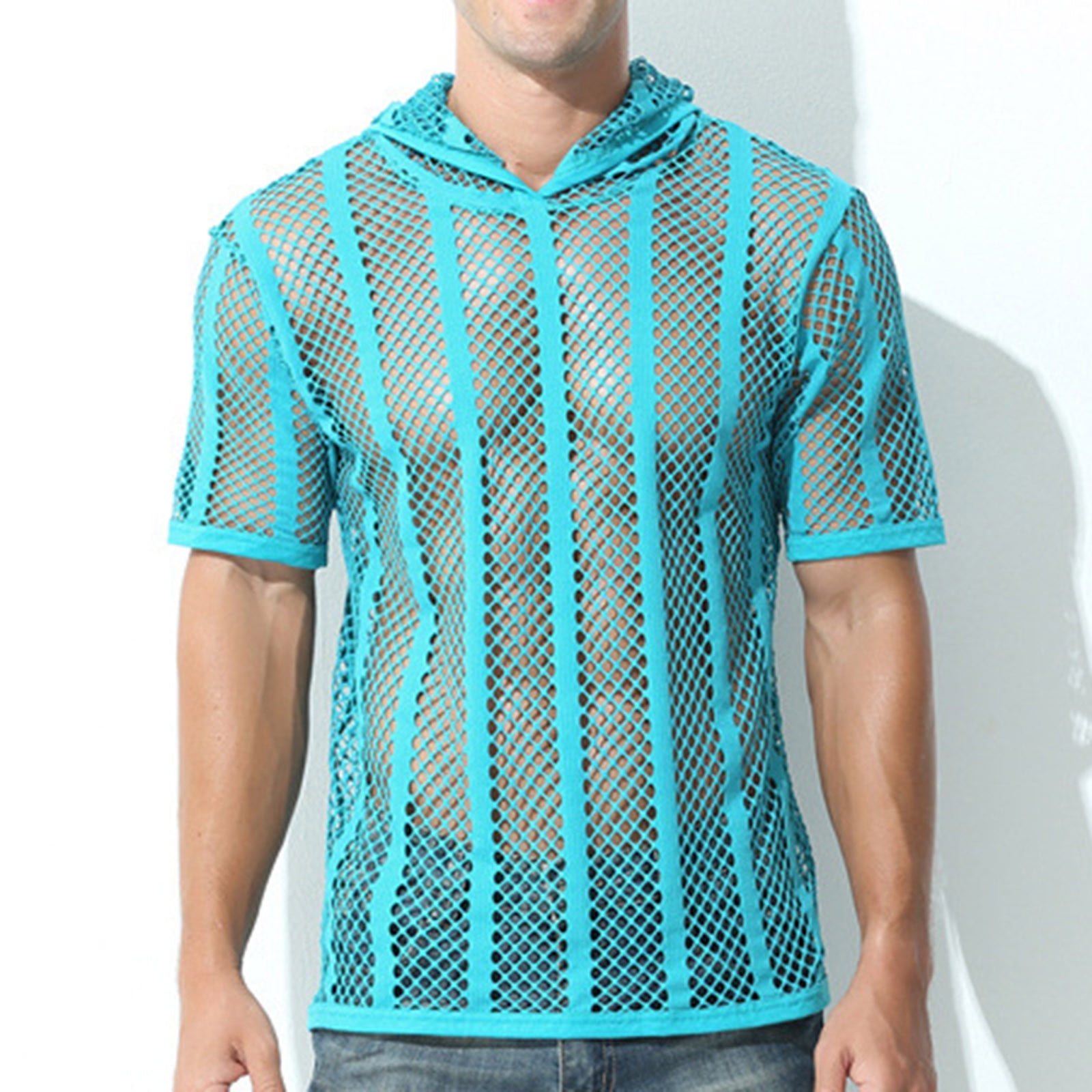 Hfyihgf Men's Fishnet See-Through Tops Short Sleeve Muscle Workout T ...