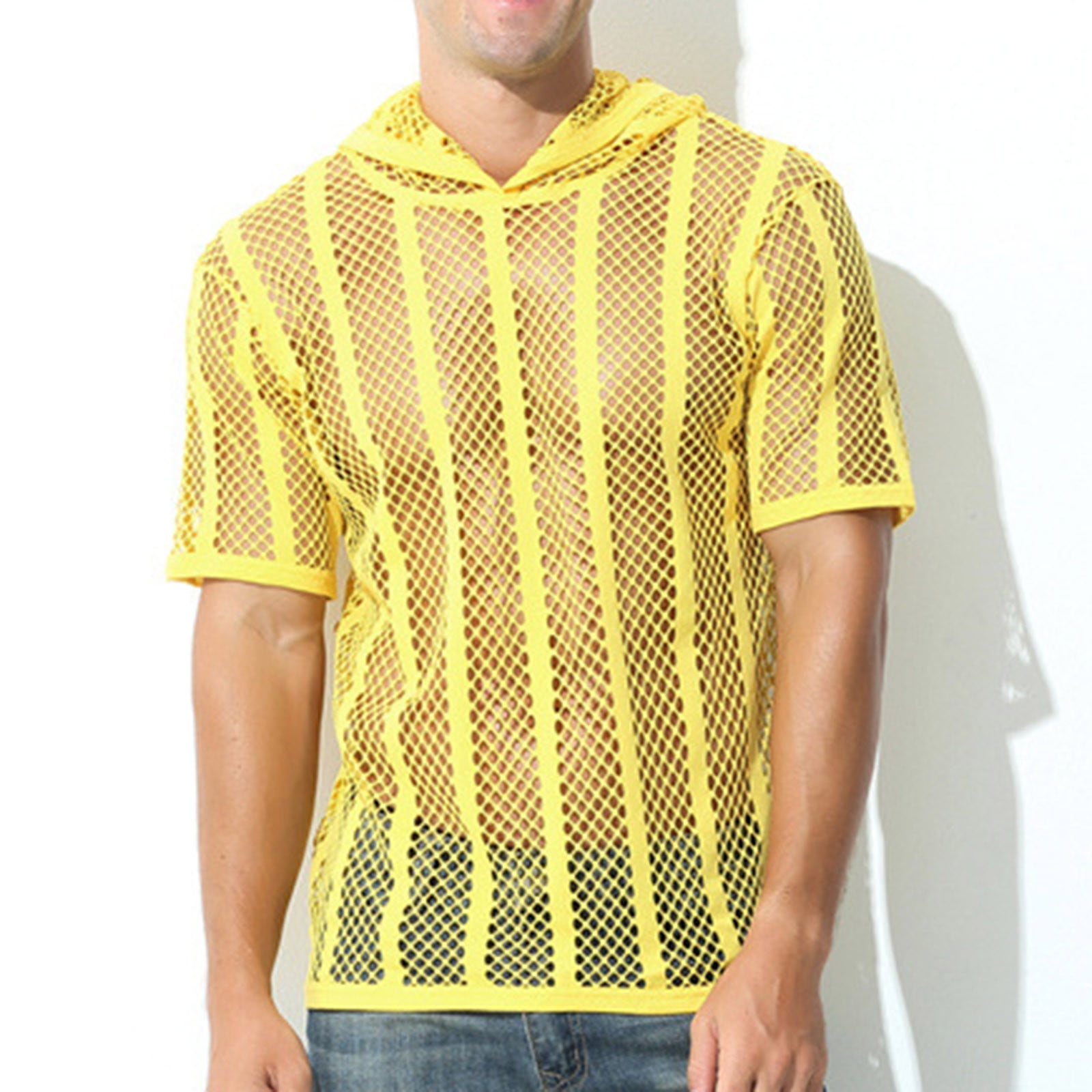 Hfyihgf Men's Fishnet See-Through Tops Short Sleeve Muscle Workout T ...