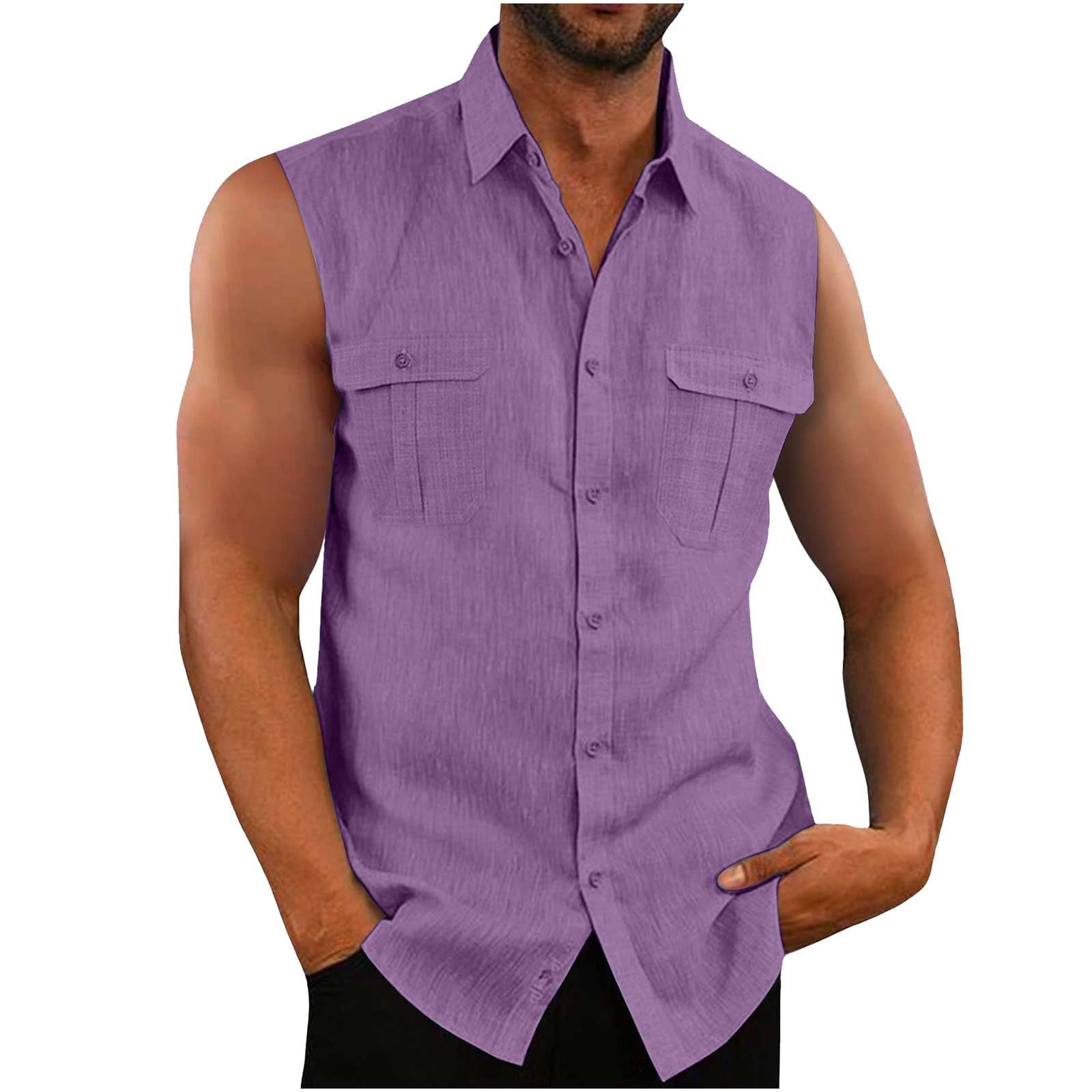Hfyihgf Men's Sleeveless Button Down Shirts Linen Cotton Beach Summer ...