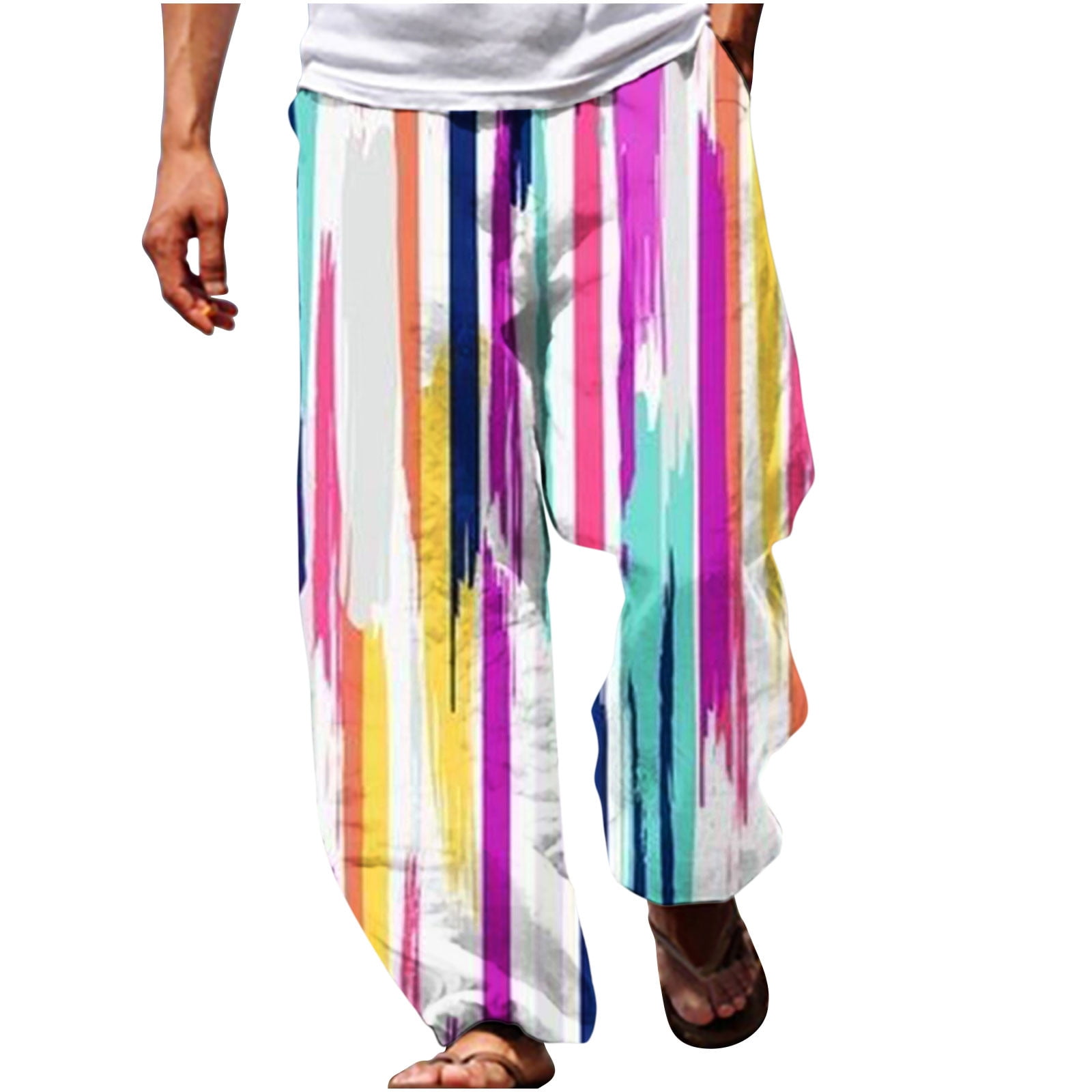 Hfyihgf Mens Casual Linen Pants Loose Fit Straight Legs Elastic Waist