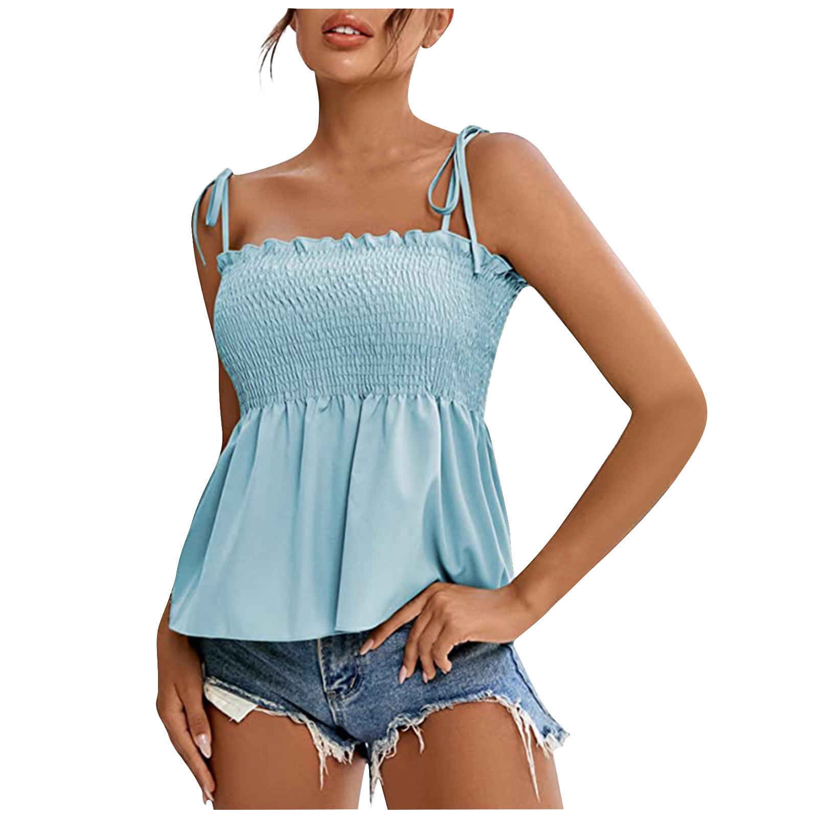 Hfyihgf Ruffle Smocked Tank Tops for Women Summer Square Neck ...