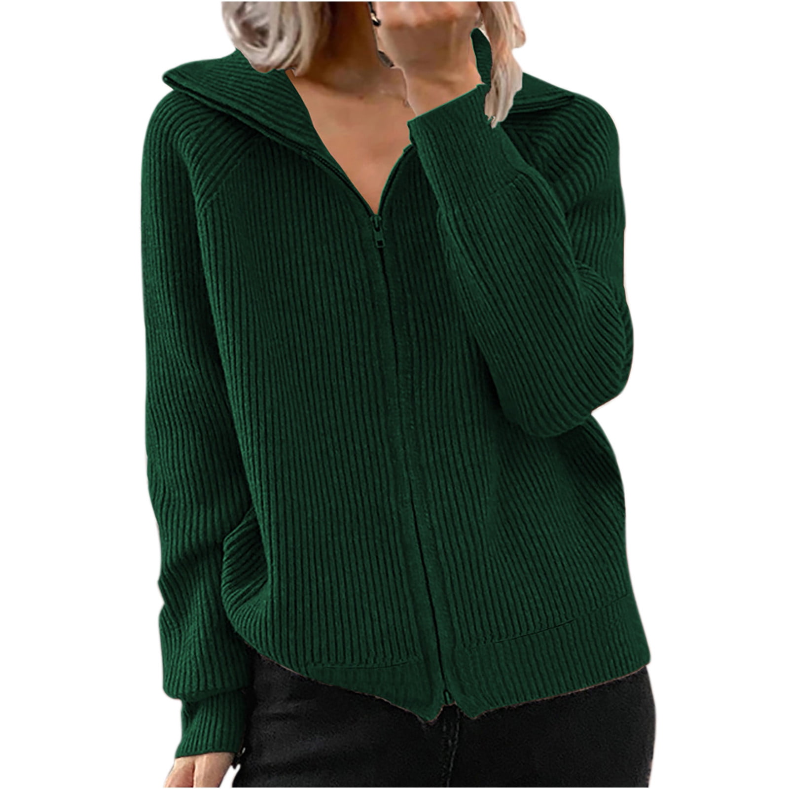 Hfyihgf Women Collared Full Zip Fall Sweater Solid Long Sleeve ...