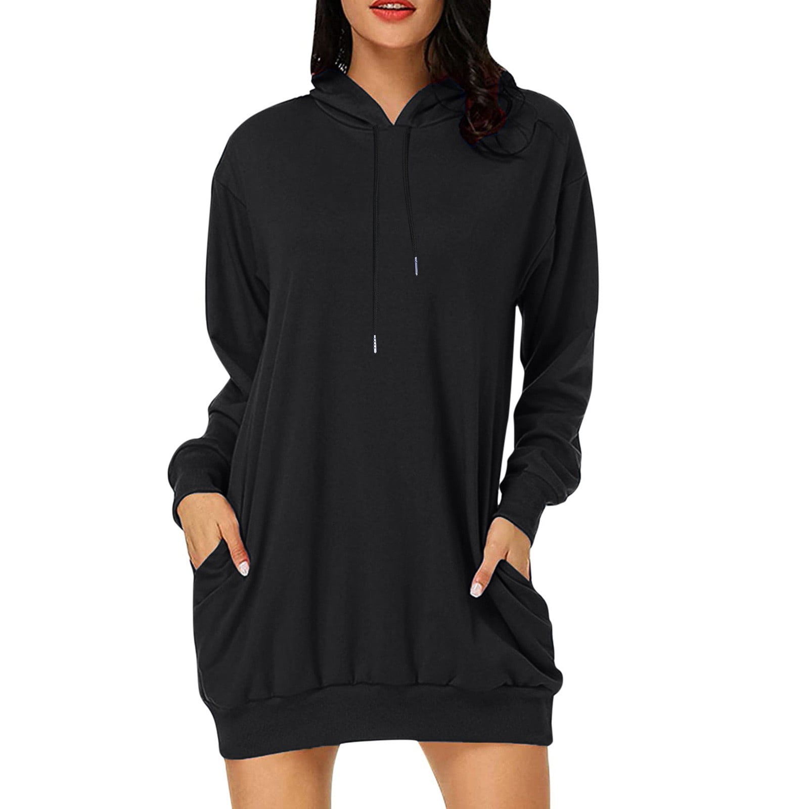 Hfyihgf Women Hoodies Dress Solid Color Long Sleeve Drawstring Hooded ...